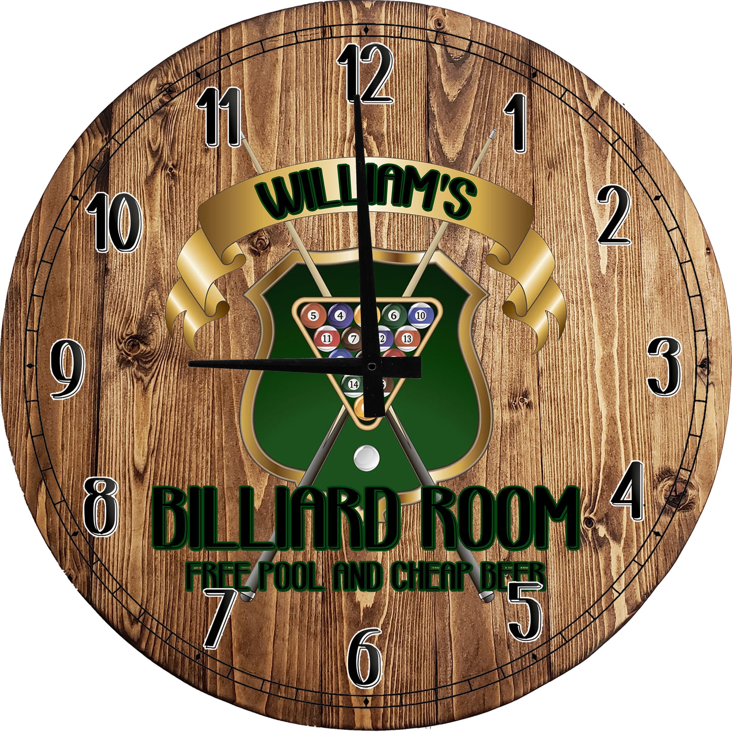Wood Wall Clock 12 Inch Billiard Room Pool & Beer Game Room Round Small ...