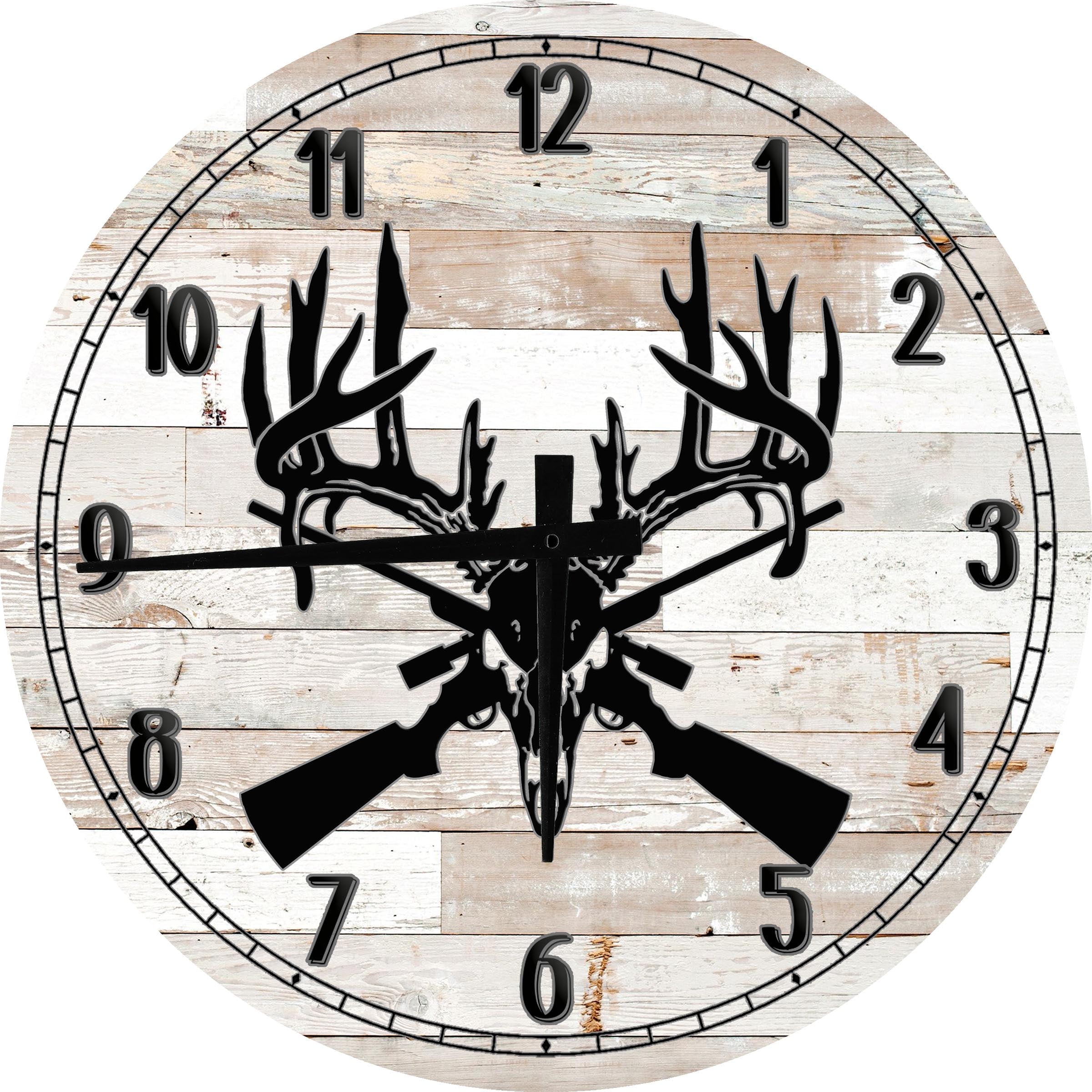 Wood Wall Clock 12 Inch Deer Wall Art Deer Skull Big Rack Crossed ...