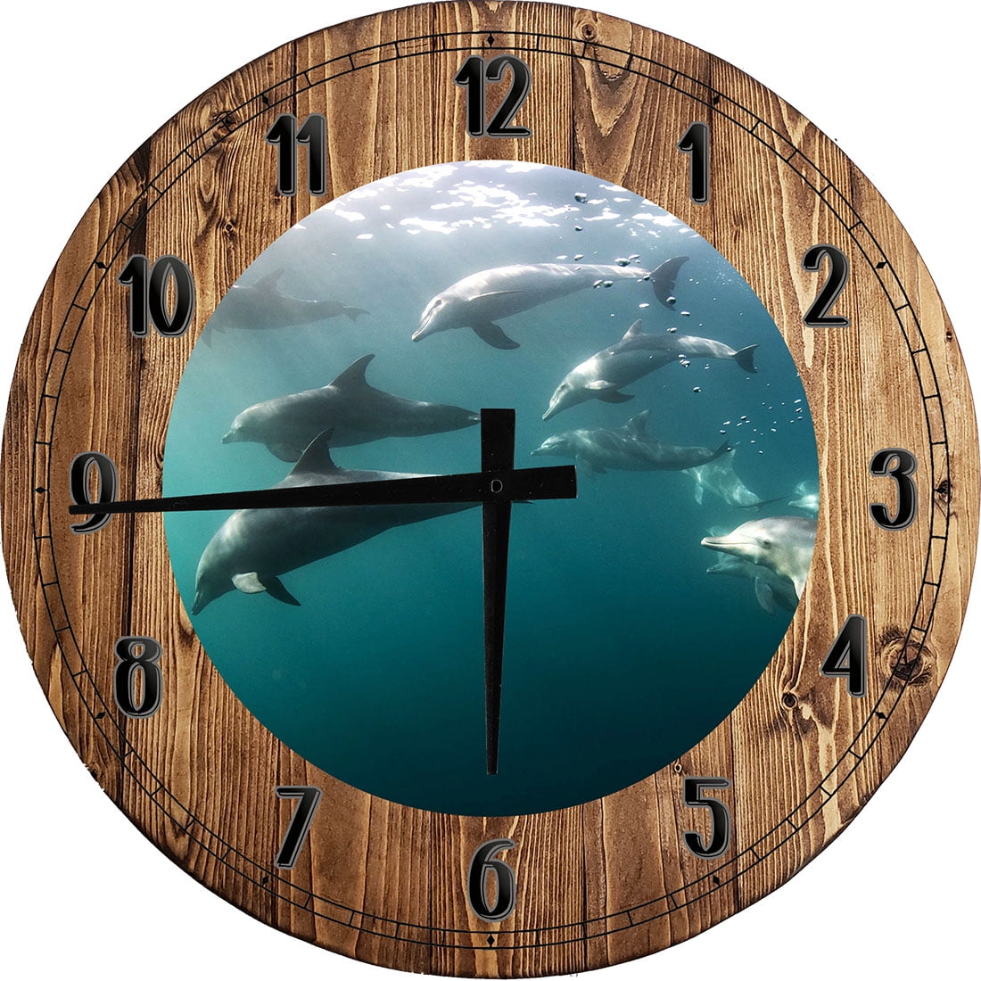 Wood Wall Clock 12 Inch Dolphin Wall Art Nautical Blue Round Small ...