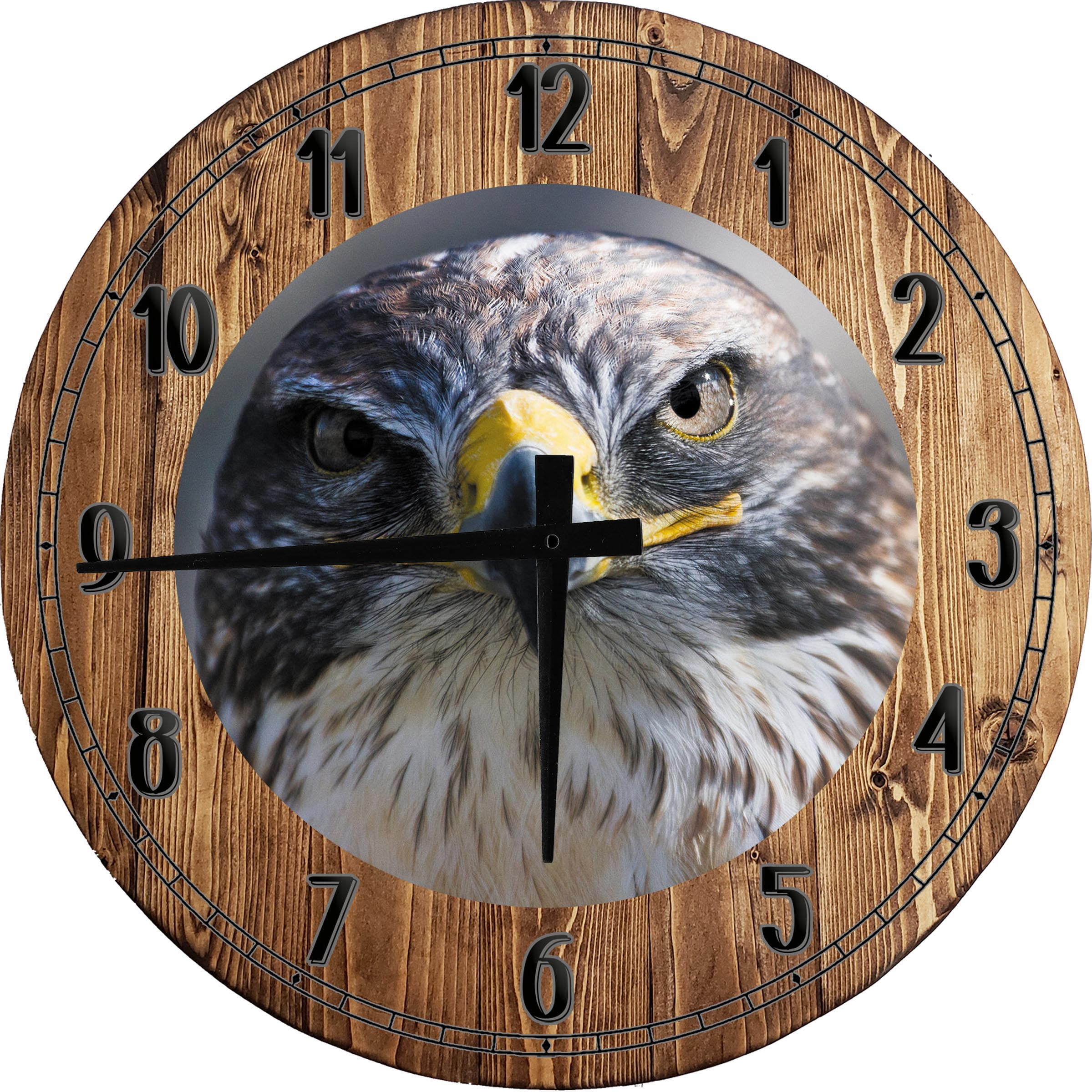 Wood Wall Clock 12 Inch Falcon Staring Back Hawk Eagle Round Small ...