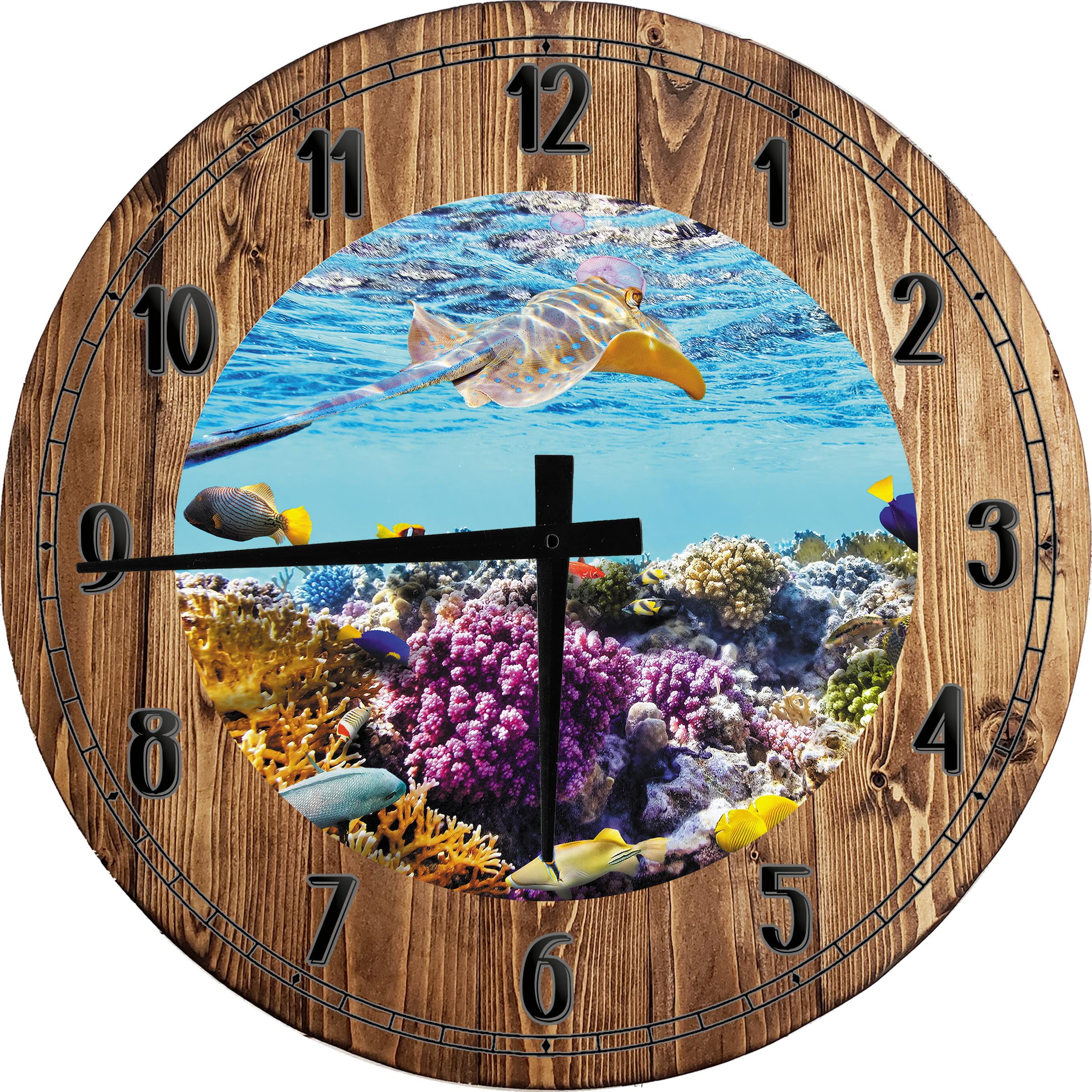 Wood Wall Clock 12 Inch Great Barrier Reef Colorful Coral Scuba Round ...