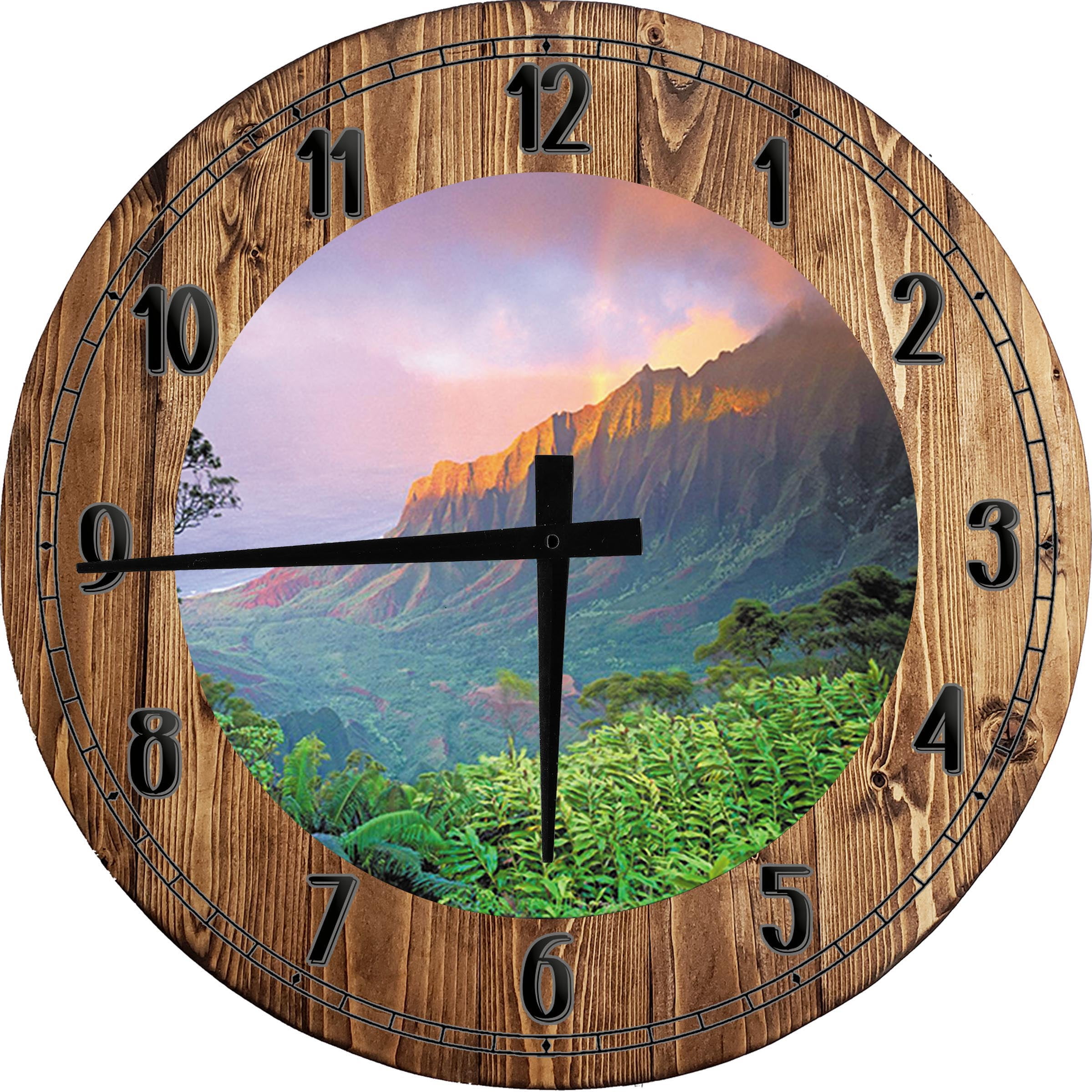 Wood Wall Clock 12 Inch Mountain Sunset Skyline River Valley Fading ...