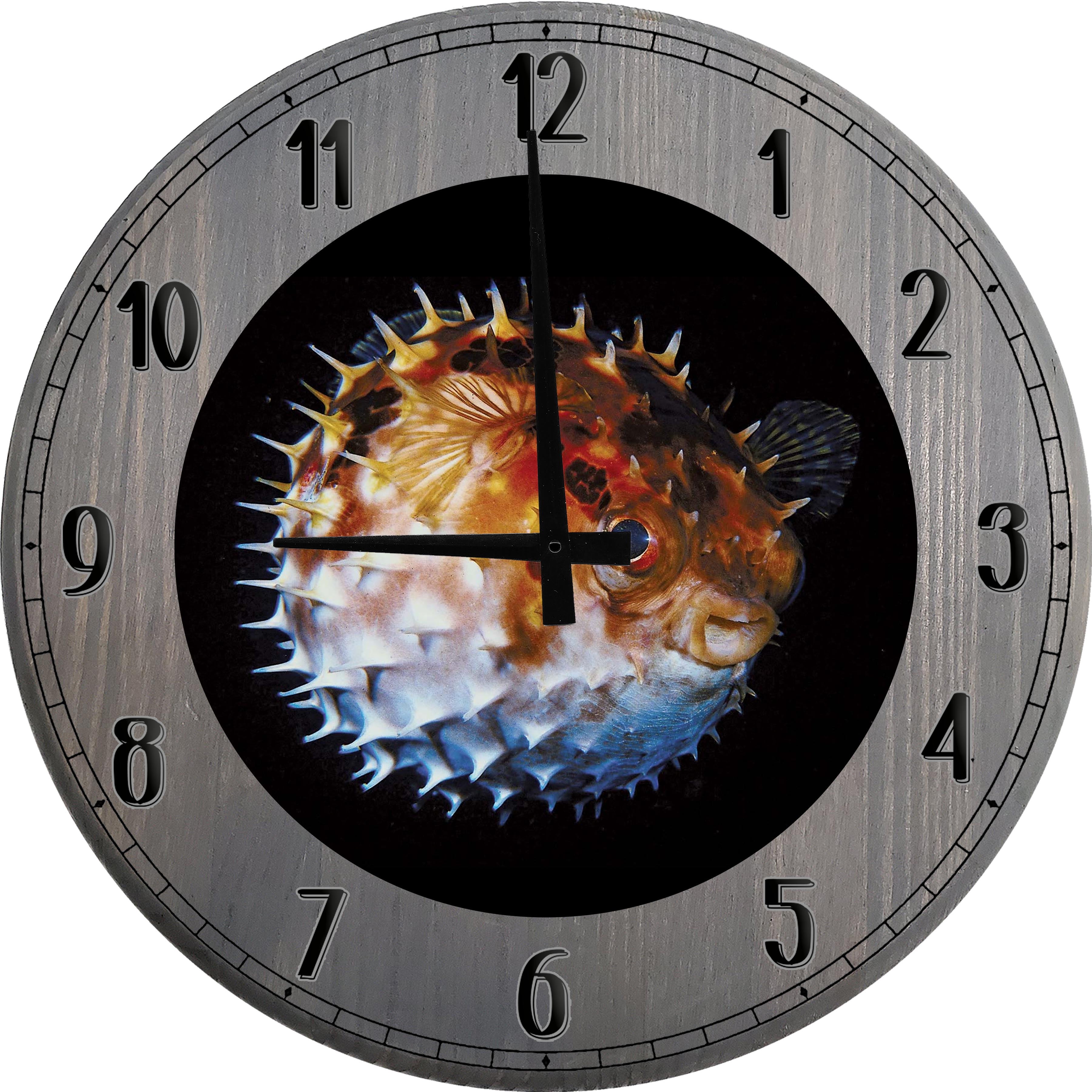 Wood Wall Clock 12 Inch Pufferfish Ocean Fish Wall Art for Unique Round ...