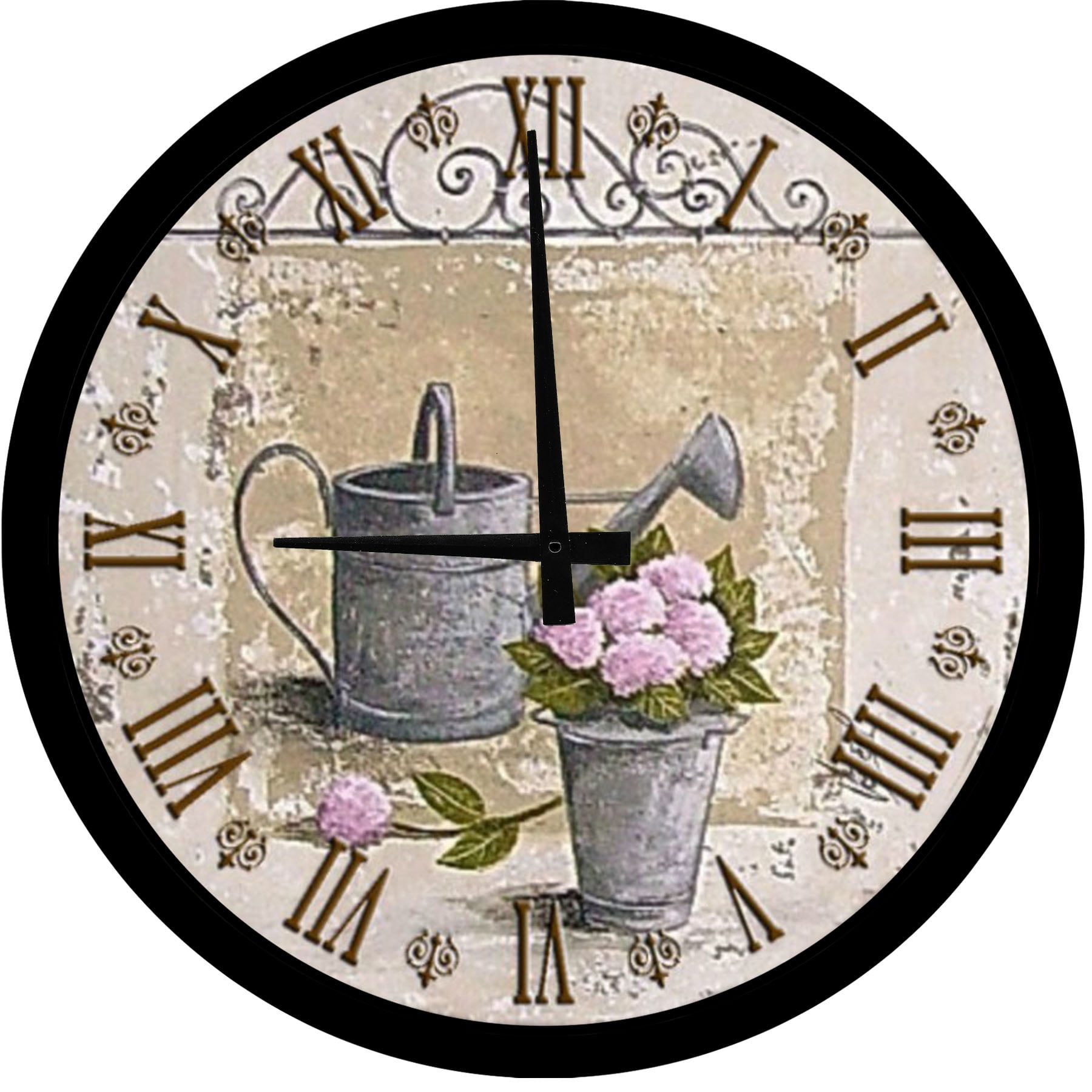 Wood Wall Clock 12 Inch Rustic Purple Puff Flower Watering Can Round ...