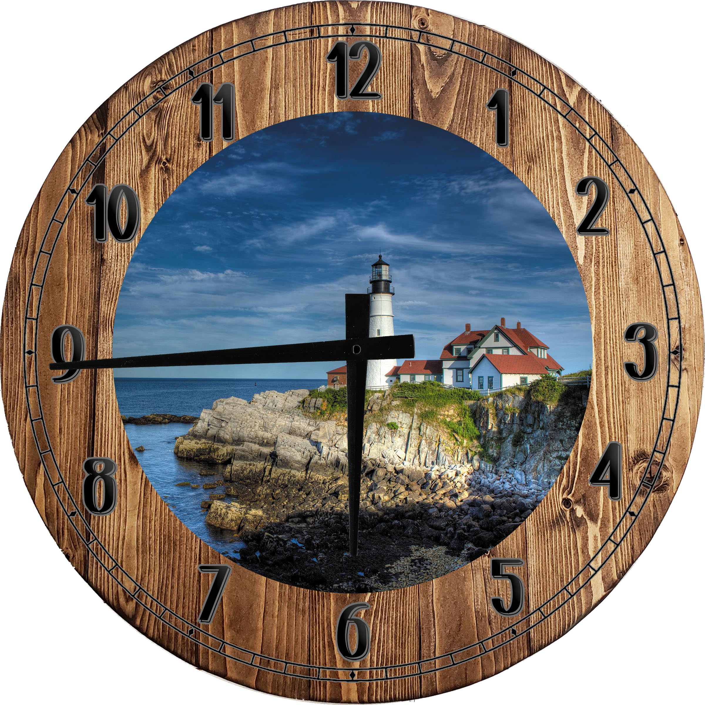 12 Inch Wood Wall Clock, Seashell Art, Maine Lighthouse, Ocean Scene ...