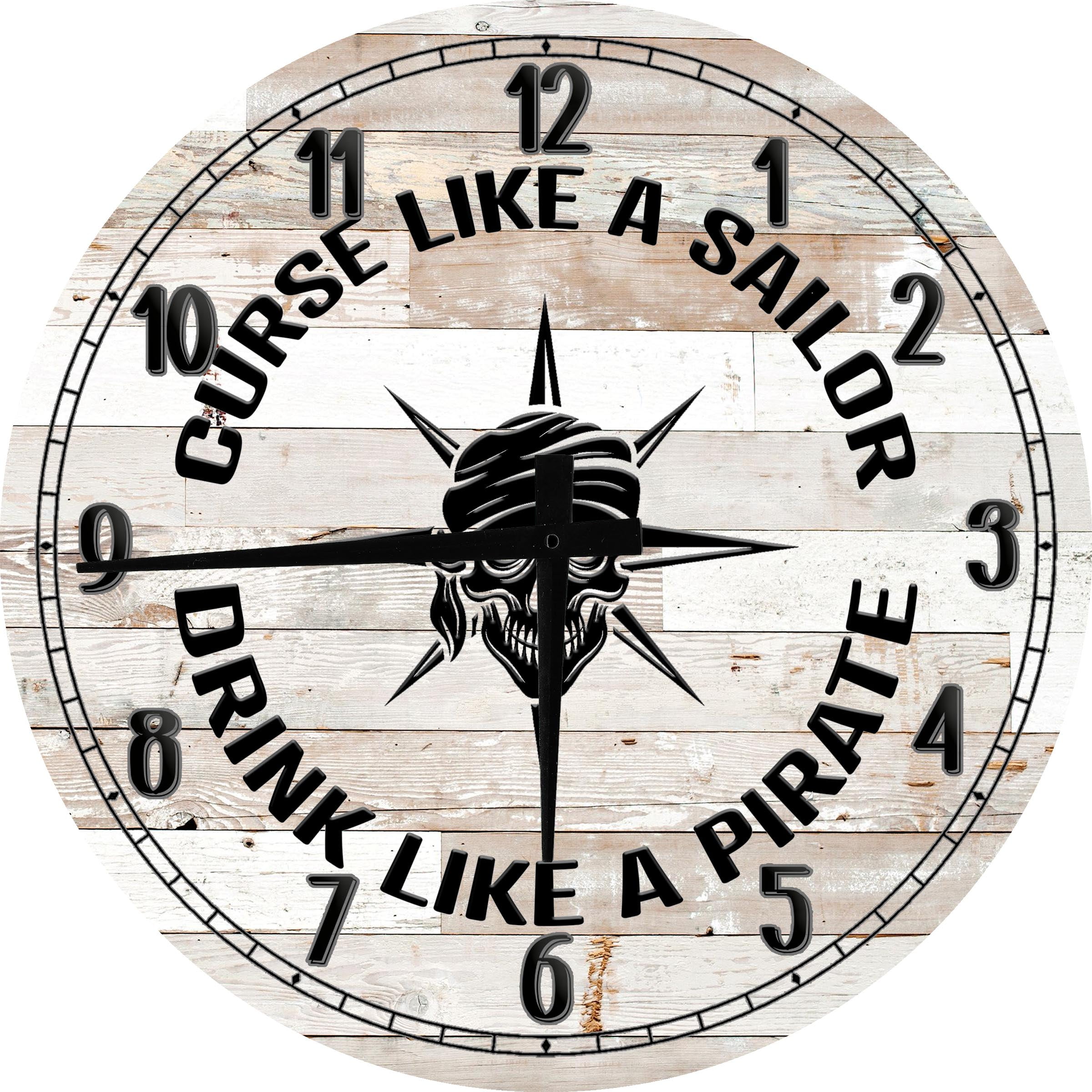 Wood Wall Clock 12 Inch Skull Wall Art Curse Sailor Pirate Skull Round ...