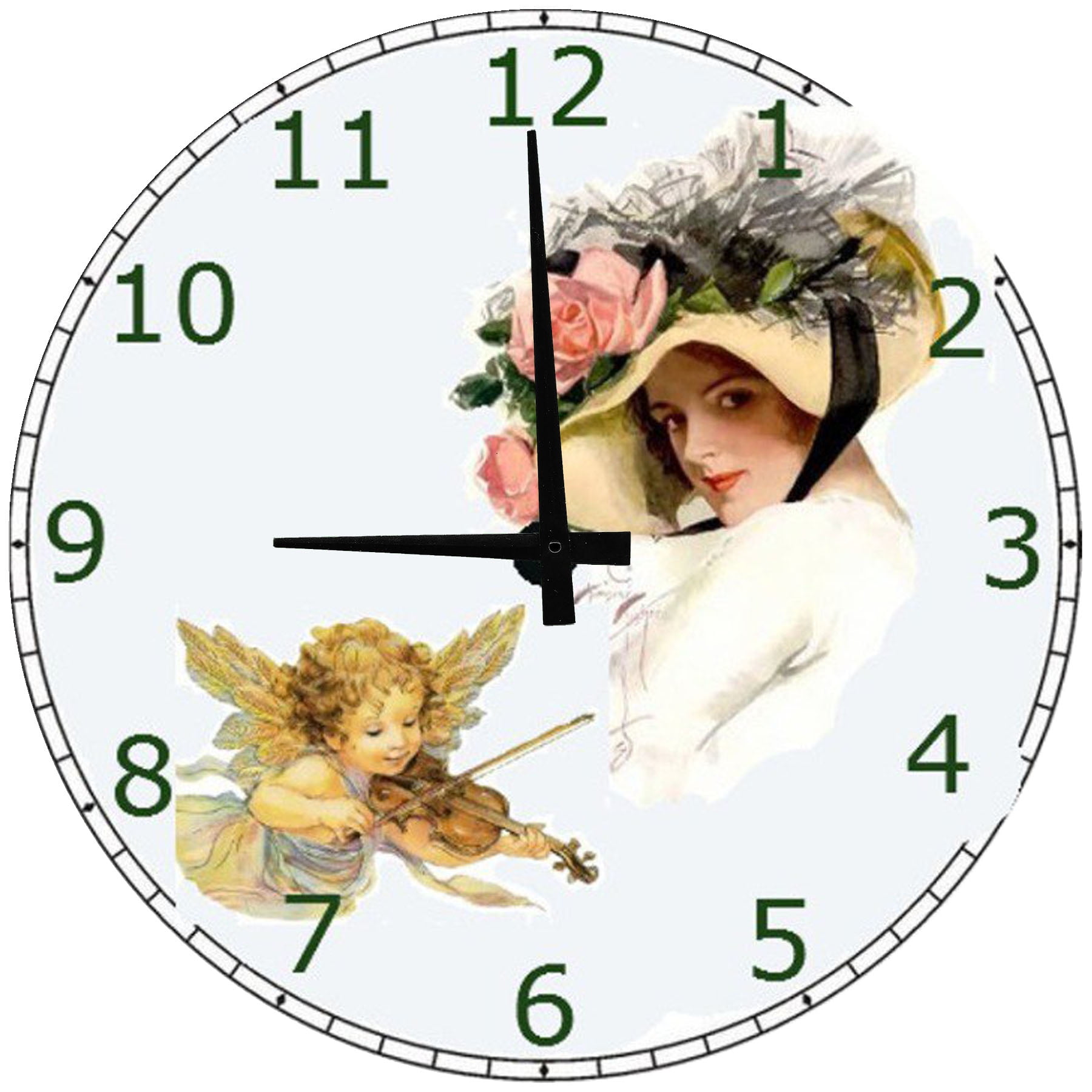 Wood Wall Clock 18 Inch Round Angel Violin Classy Woman White Round ...