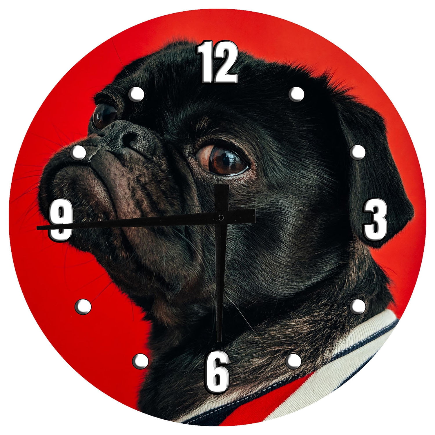 Wood Wall Clock 18 Inch Round Black Pug Funny Face Dog Art Round Small ...