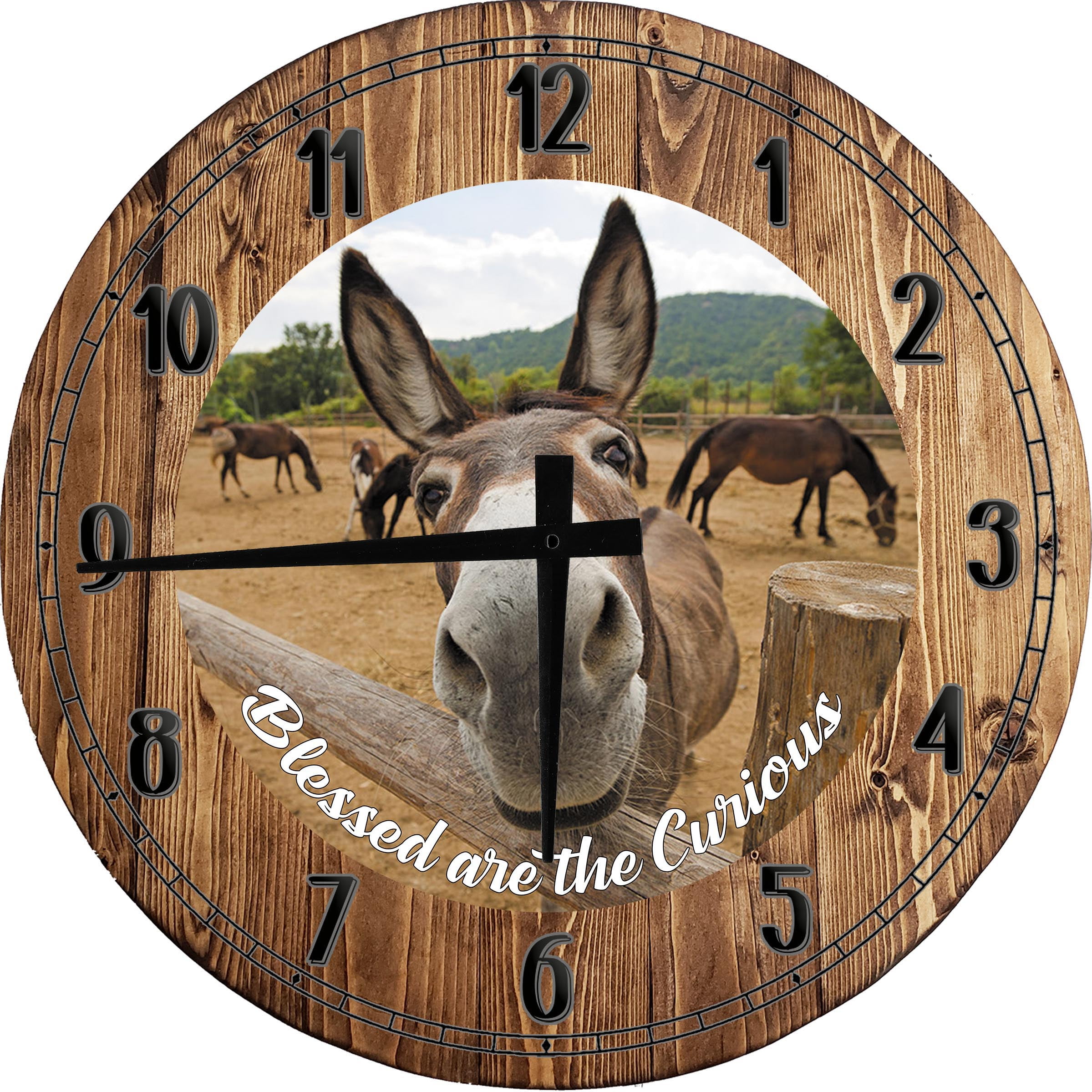 Wood Wall Clock 18 Inch Round Blessed are the Curious Donkey Mule Round ...