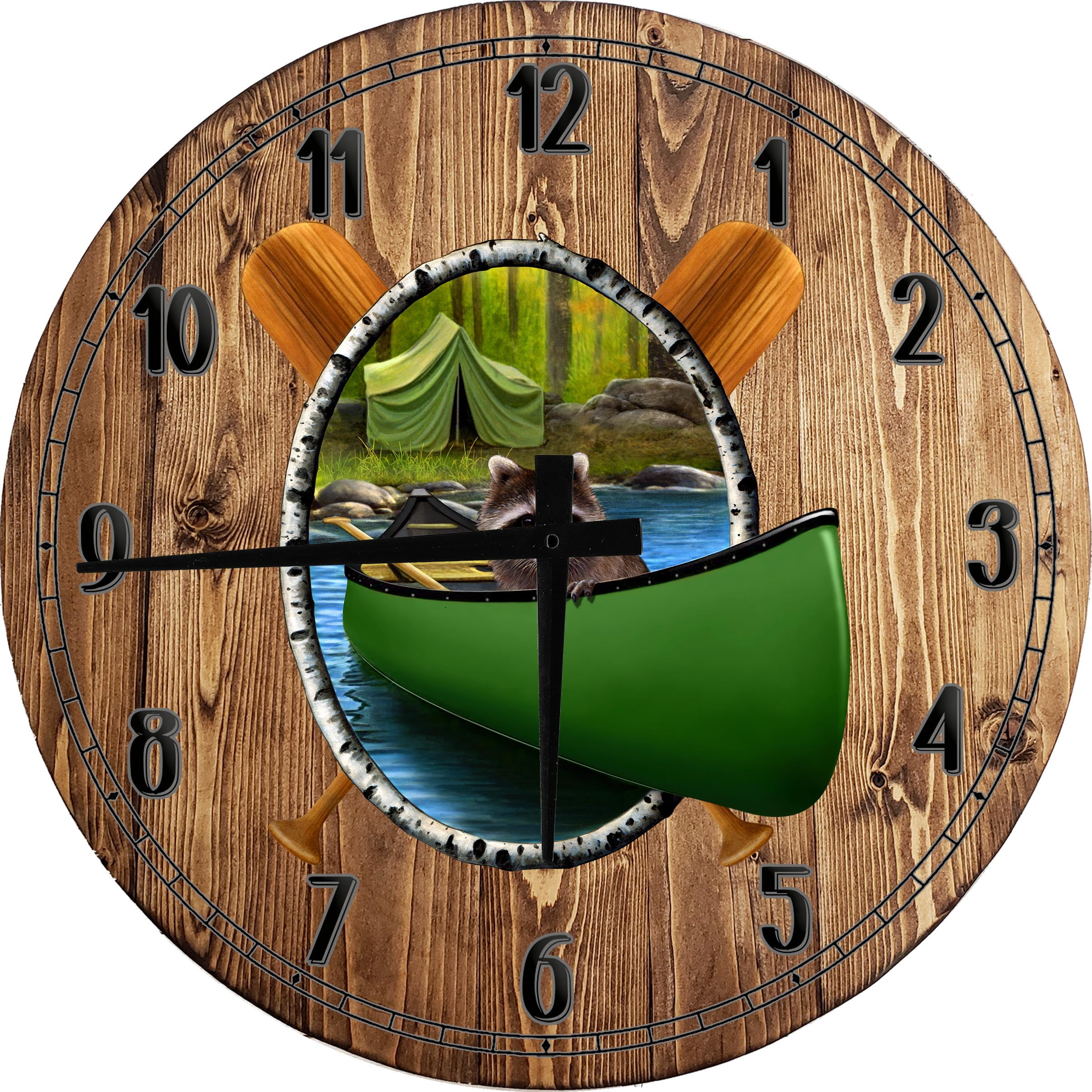 Wood Wall Clock 18 Inch Round Camping Wall Art Raccoon in Canoe Camping ...