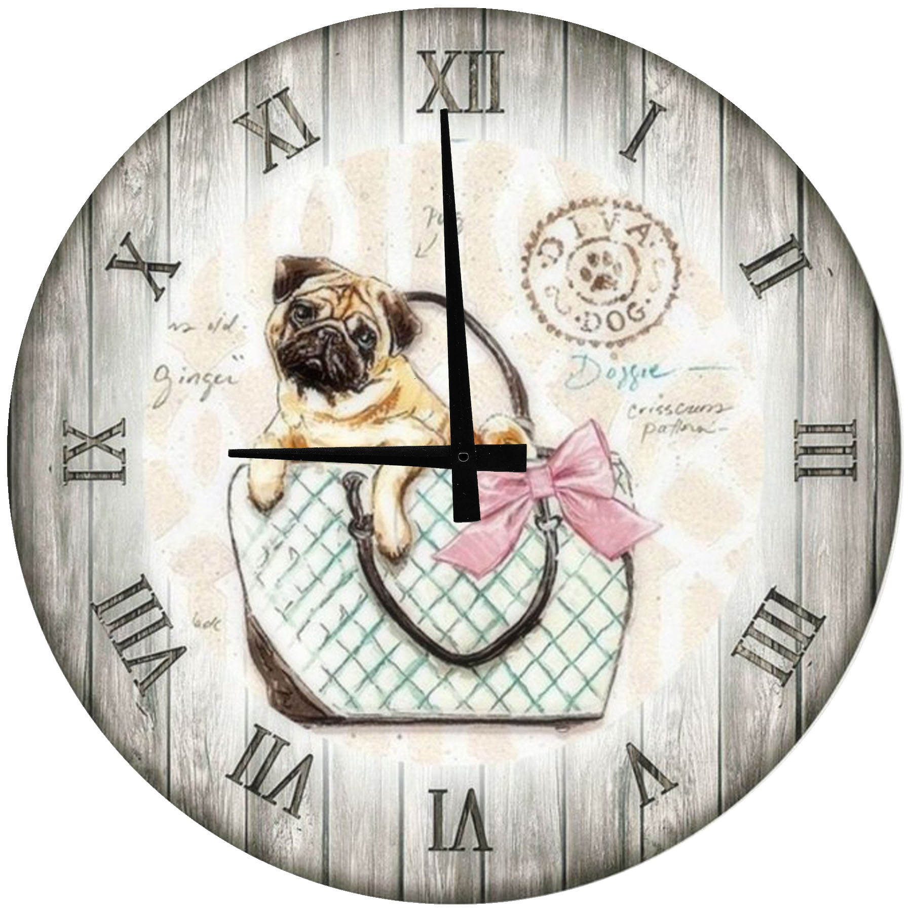 Wood Wall Clock 18 Inch Round Pug In Purse Round Small Battery Operated ...
