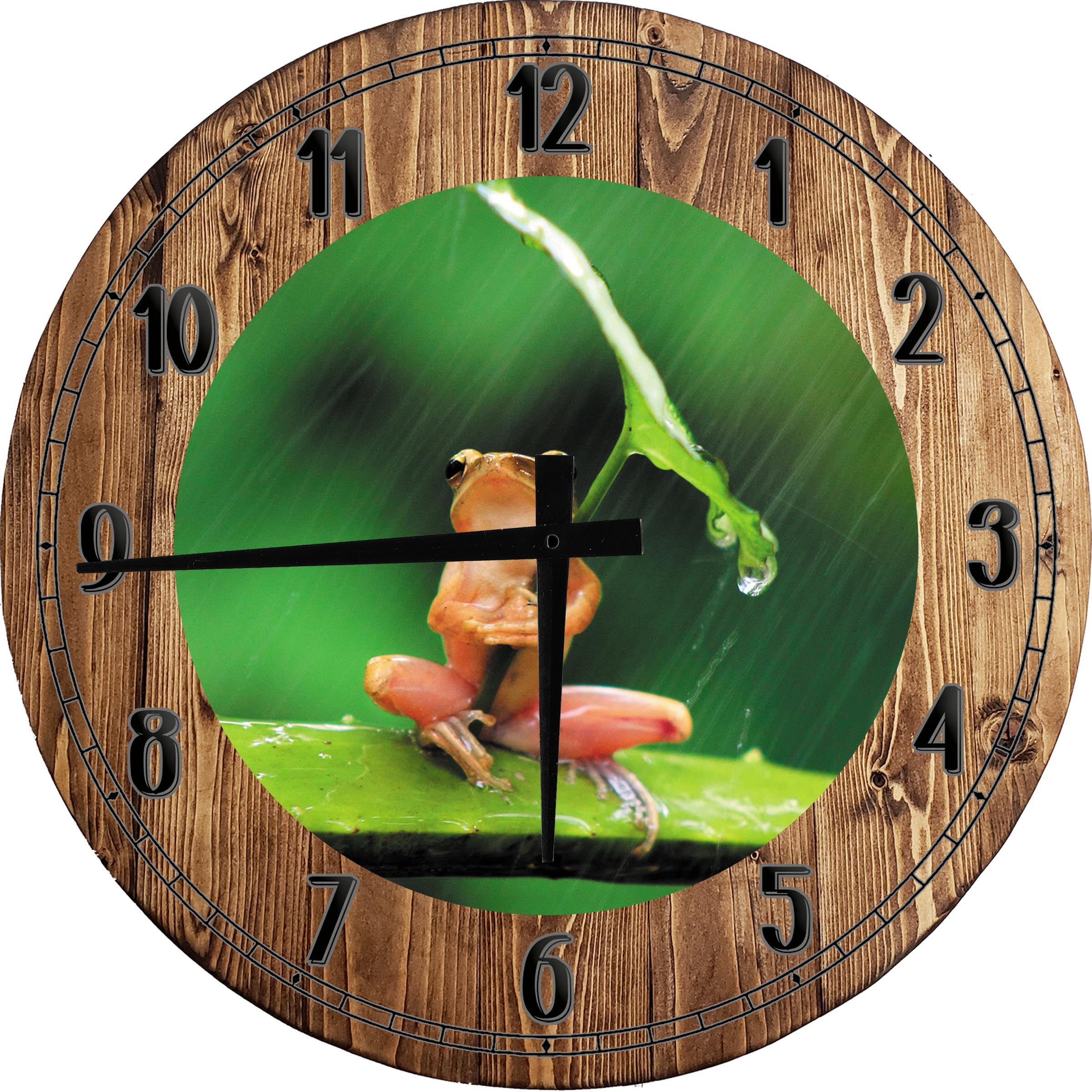 Wood Wall Clock 18 Inch Round Rainy Day Tiny Tree Frog Under Leaf ...