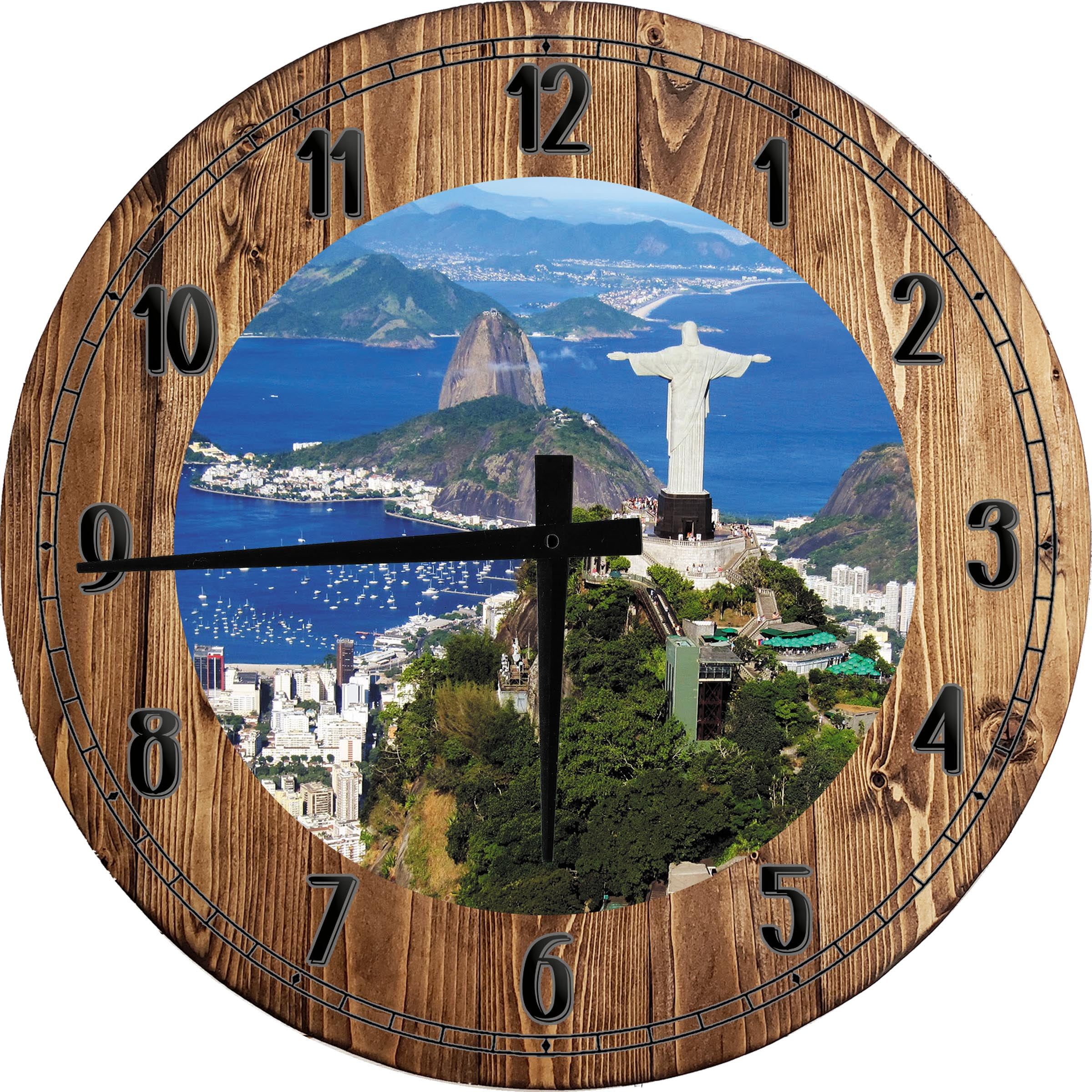 Wood Wall Clock 18 Inch Round Religious Wall Art Rio de Janeiro Statue ...