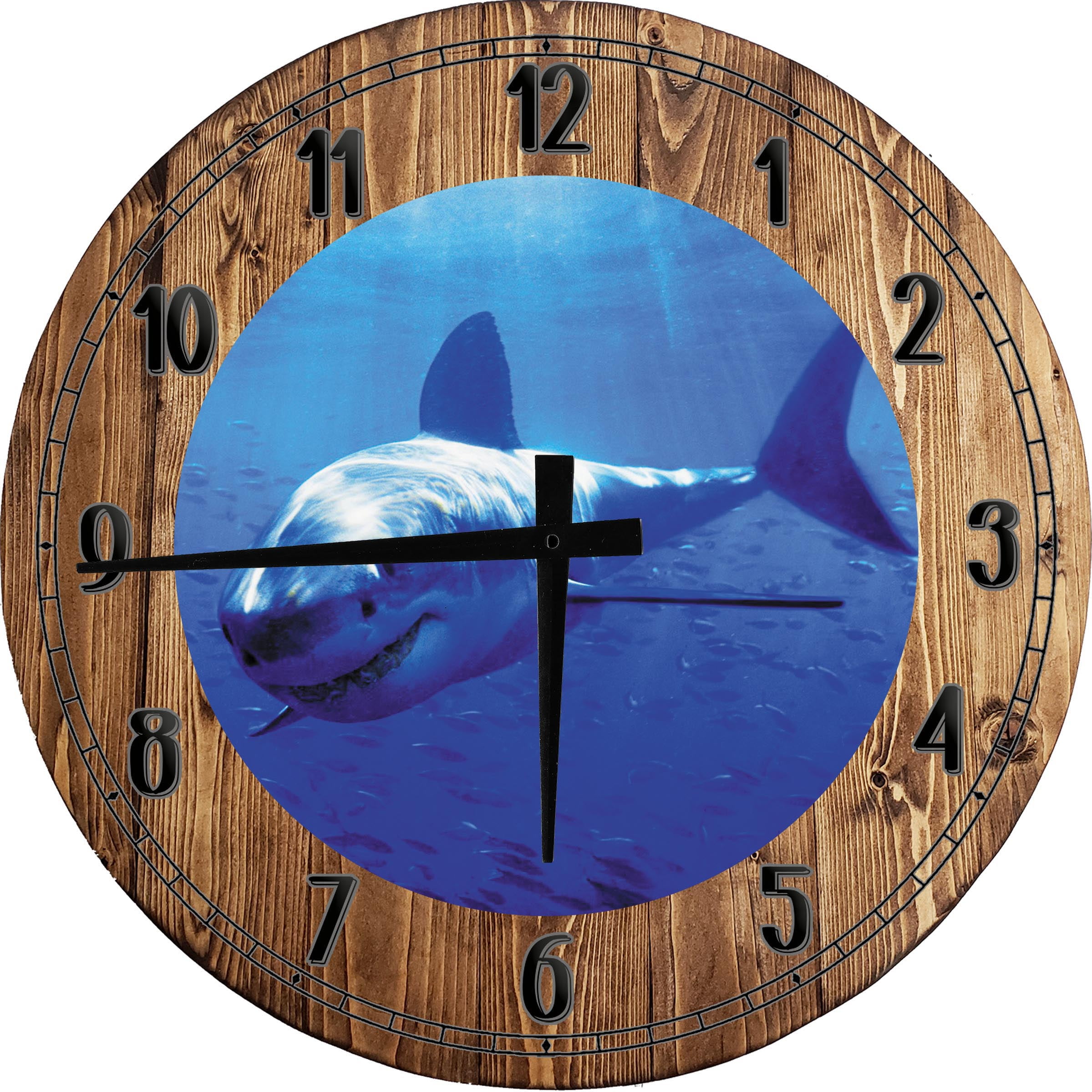 Wood Wall Clock 18 Inch Round Shark Wall Art Great White Shark Scuba ...