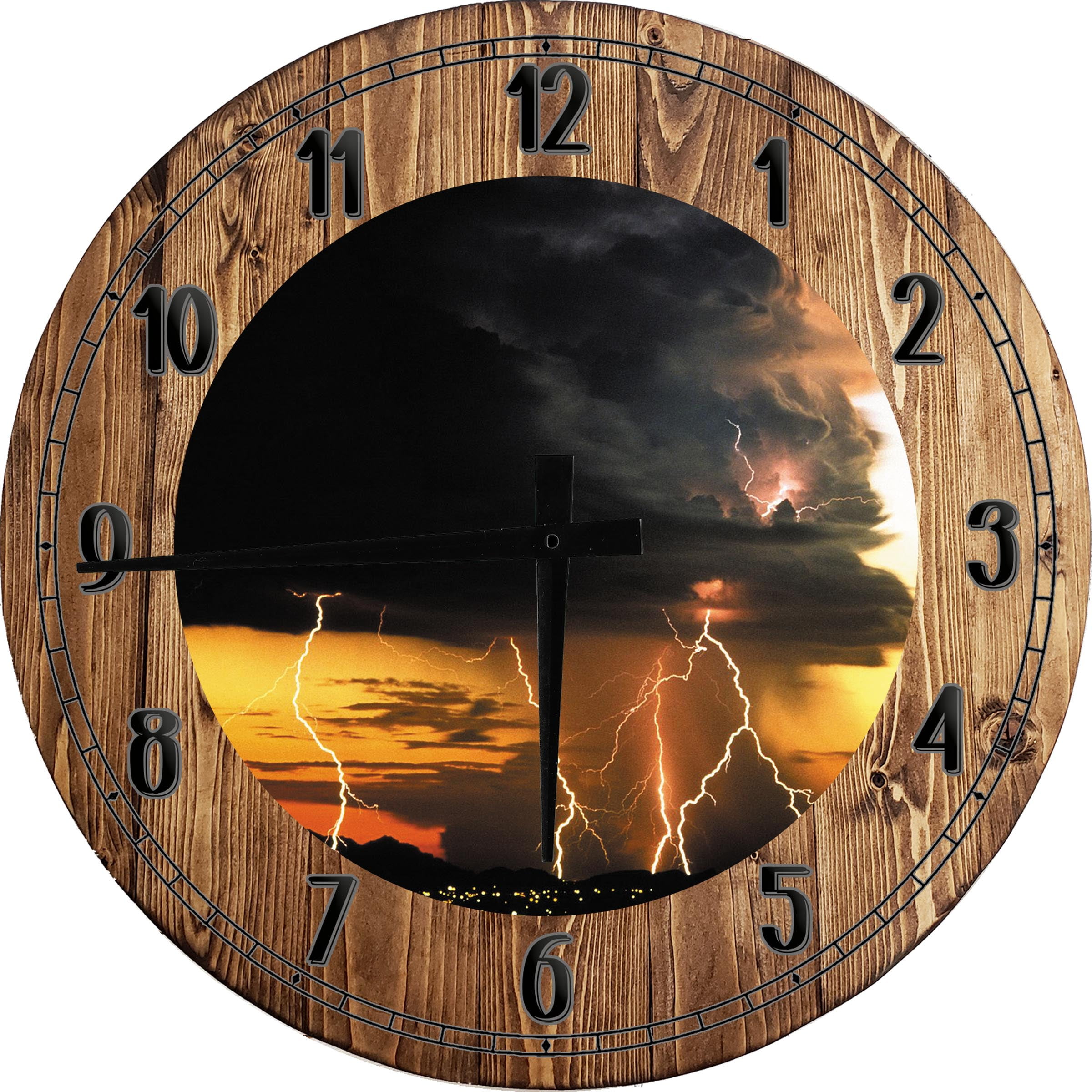 Wood Wall Clock 18 Inch Round Storm Wall Art Thunder Storm Lightning ...