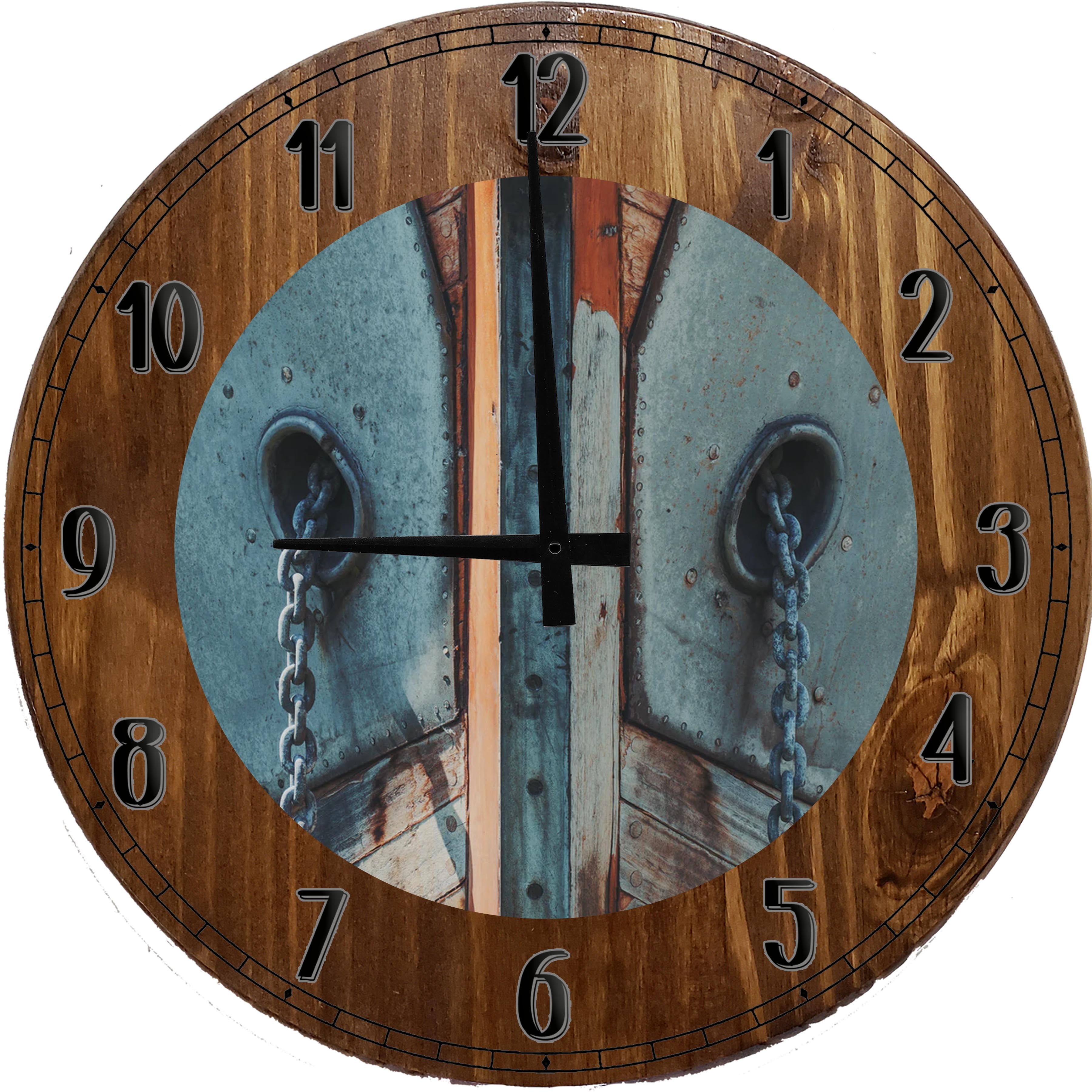 Wood Wall Clock 18 Inch Round Vintage Boating Ships Hull Anchor Grey ...