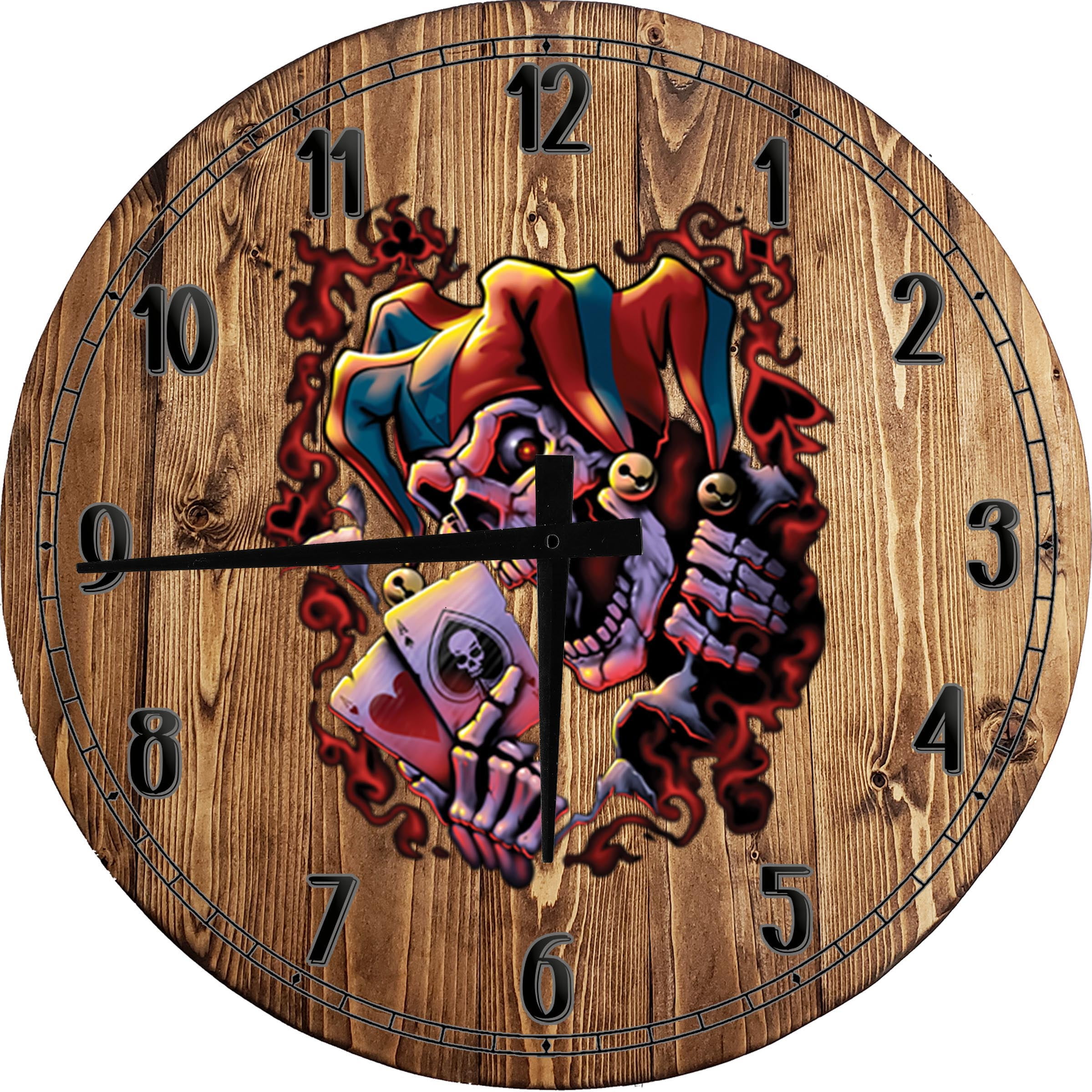 Wood Wall Clock 18 Inch Round Wicked Jester Playing Poker Aces Round ...