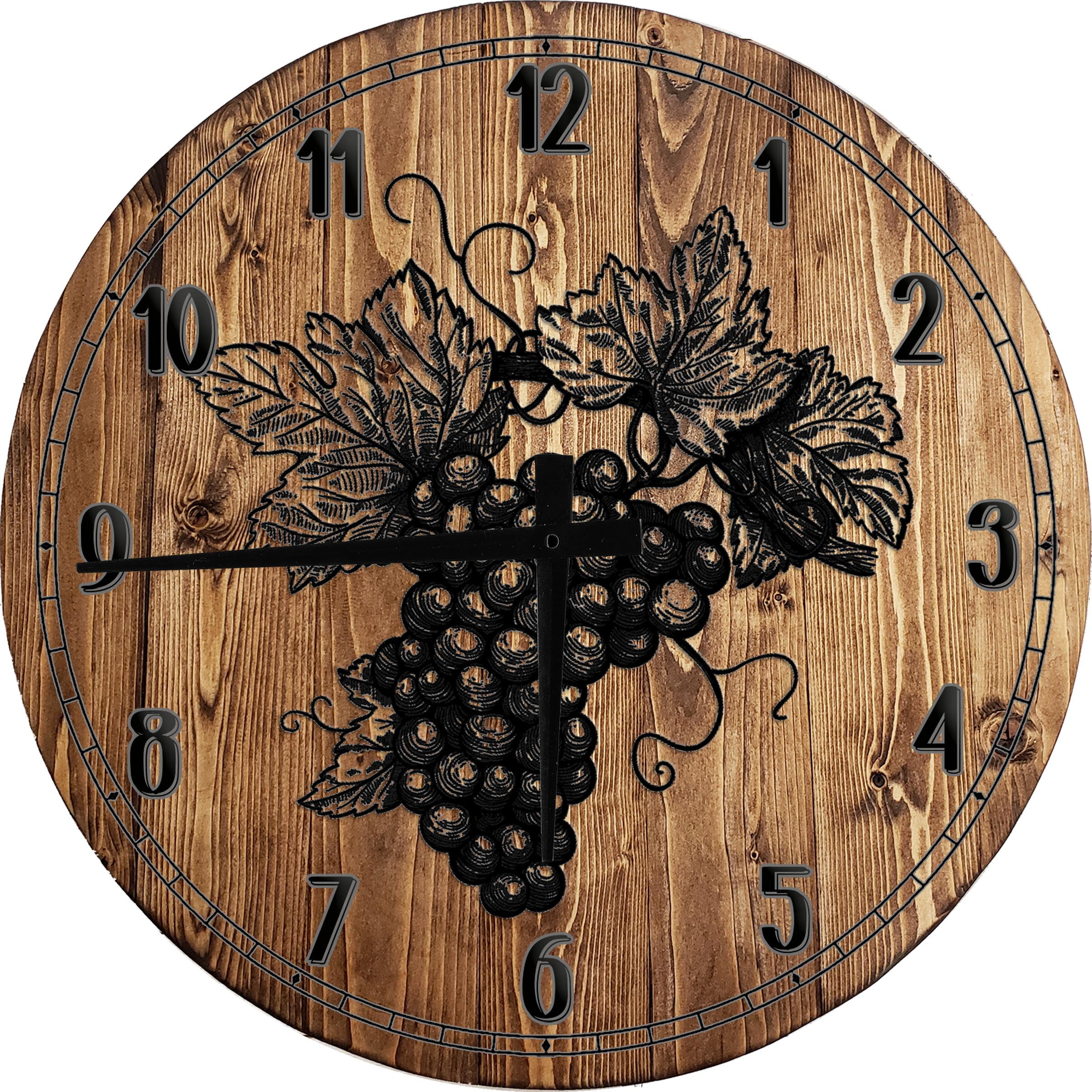 Wood Wall Clock 18 Inch Round Wine Wall Art Tuscan Wine Grapes Leaves ...
