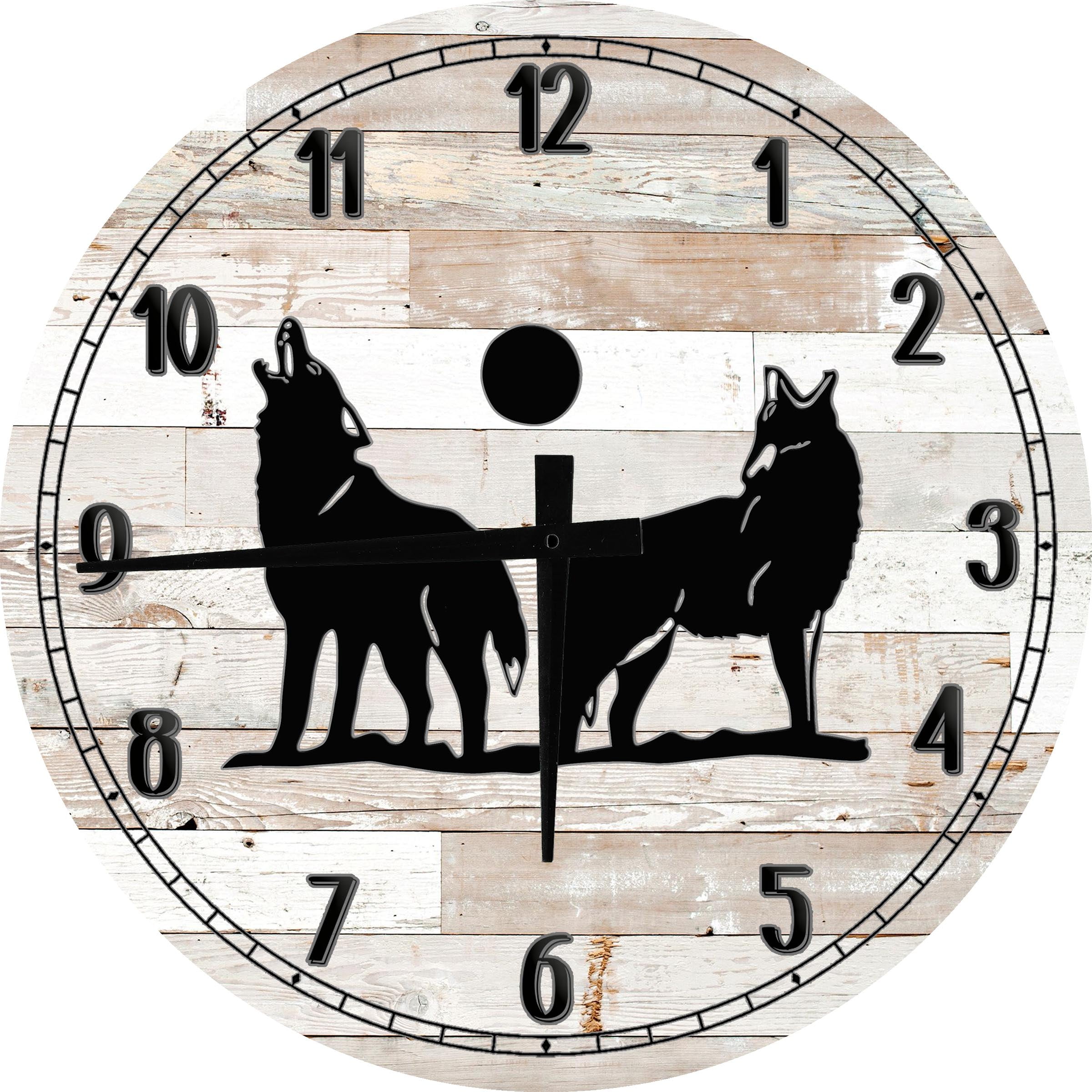 Wood Wall Clock 18 Inch Round Wolf Wall Art Wolves Howling at The Moon ...