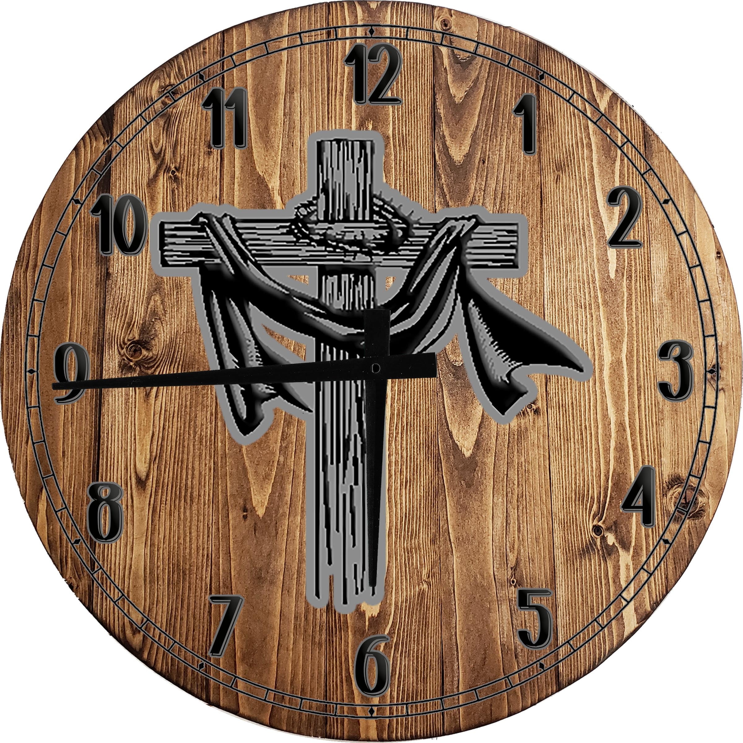 Wood Wall Clock 18 Inch Round Wooden Cross Religion Crucifix & Crown of ...