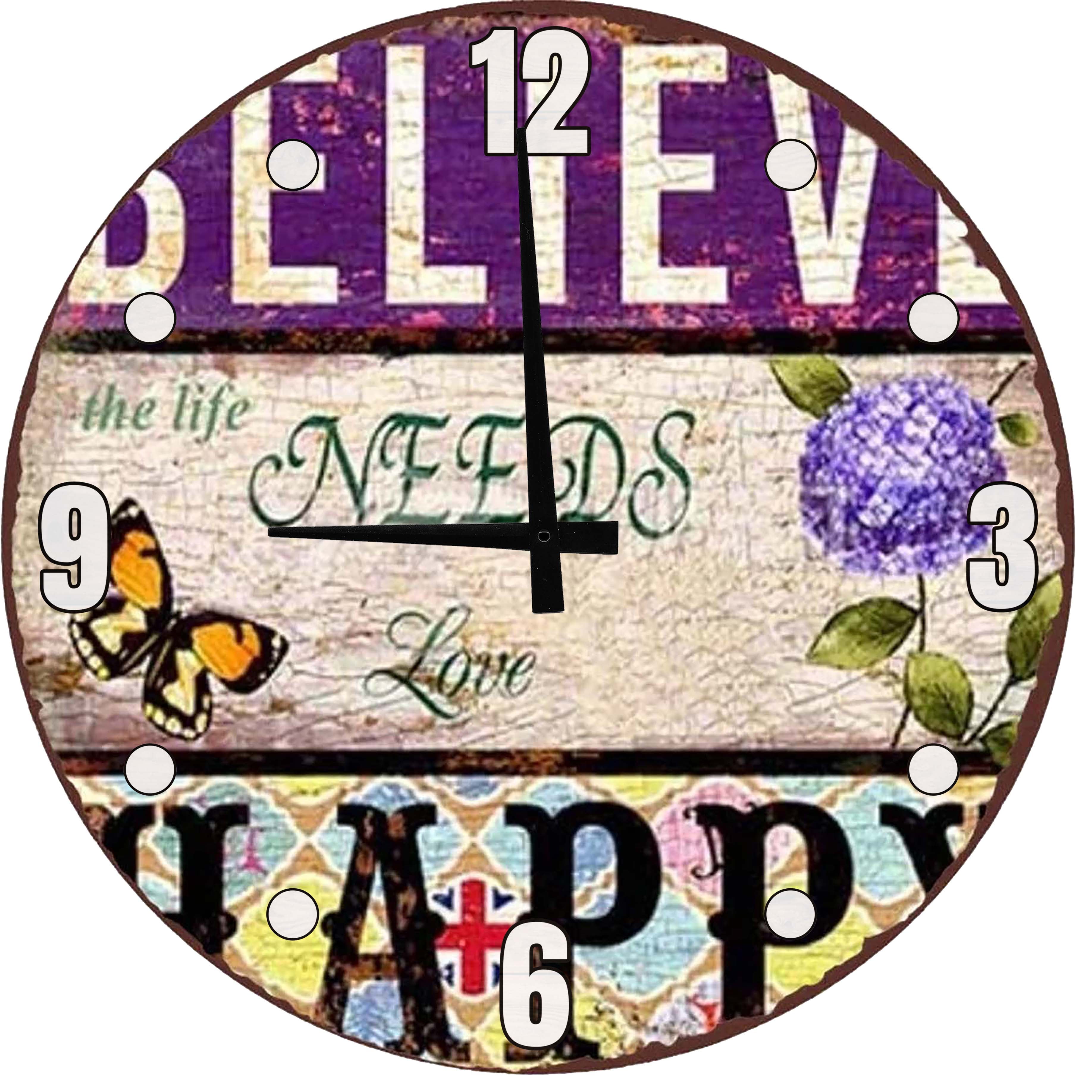 Wood Wall Clock Believe Happy Farmhouse Large Wall Clock 18 Inch Round ...