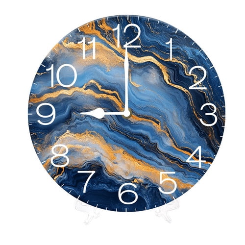 Wood Wall Clock Blue Marble Frameless Battery Operated Silent Quartz ...