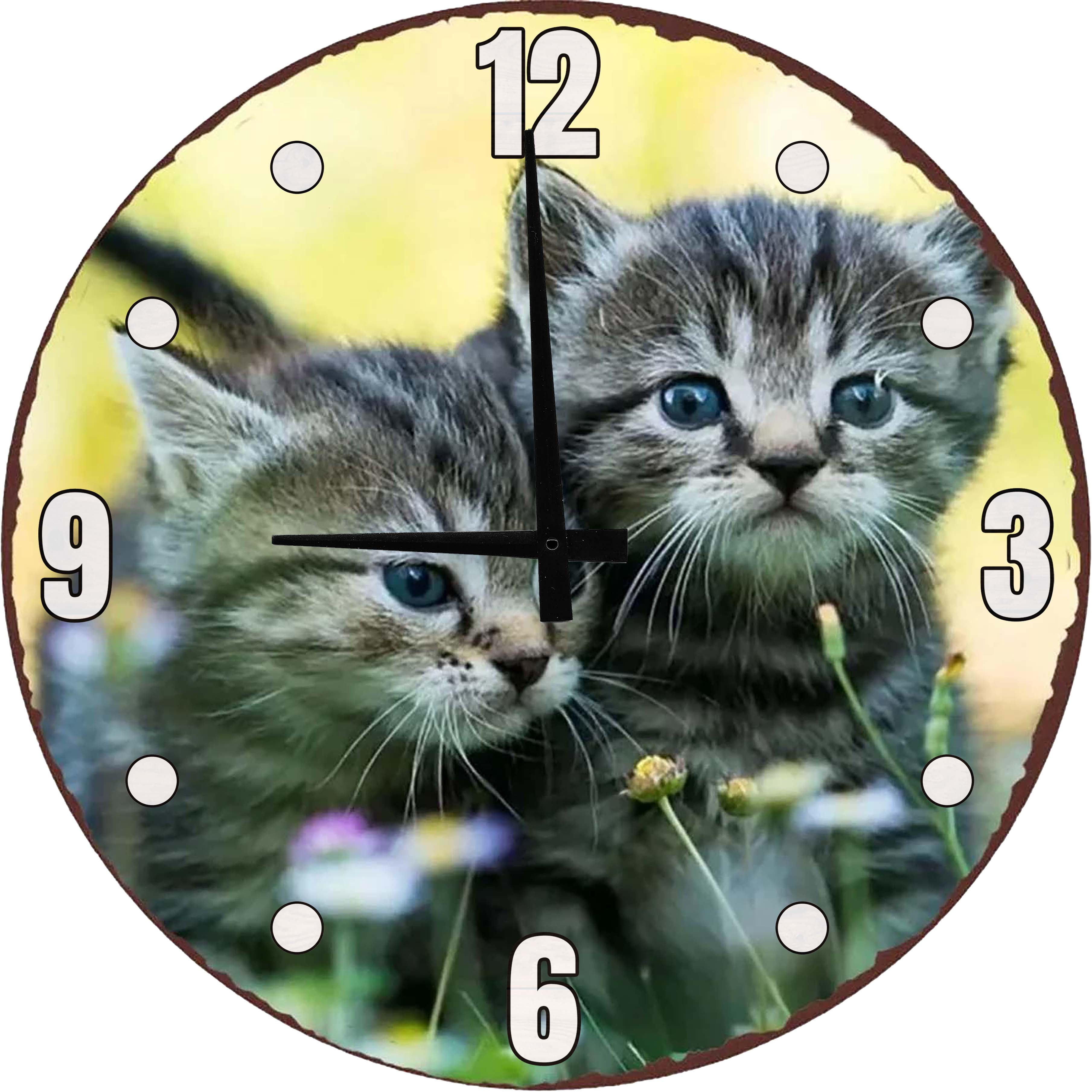 Wood Wall Clock Cute Kittens in Field Cat Large Wall Clock 18 Inch ...