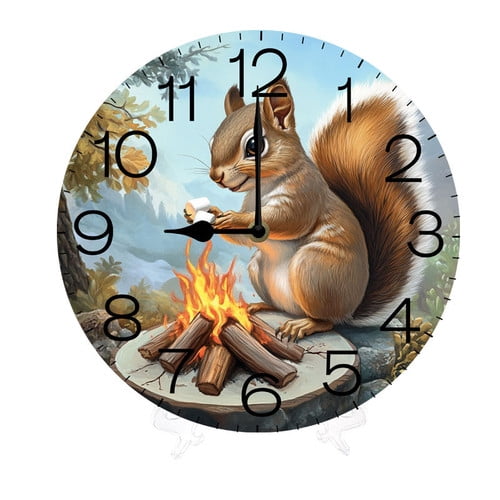 Wood Wall Clock Cute Smiling Squirrel With Marshmallow Campfire Frameless Battery Operated ...