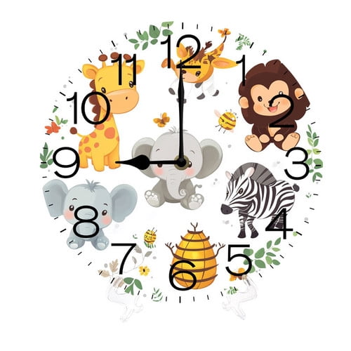 Wood Wall Clock Safari Jungle Animals Nursery Frameless Battery ...