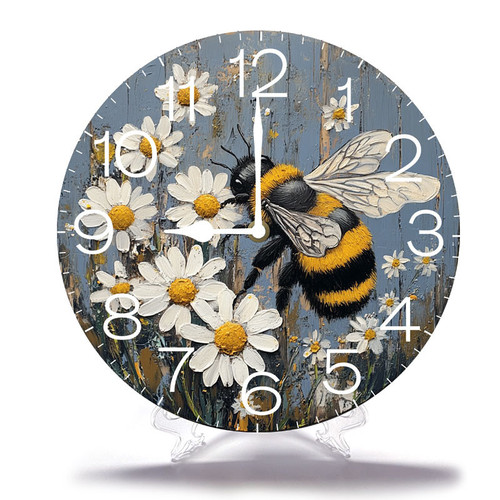 Wood Wall Clocks Bee And Daisy Frameless Battery Operated Silent Quartz ...