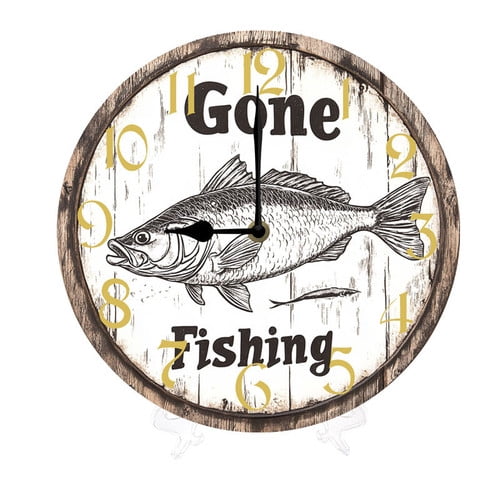 Wood Wall Clocks Funny Go Fishing Frameless Battery Operated Silent ...