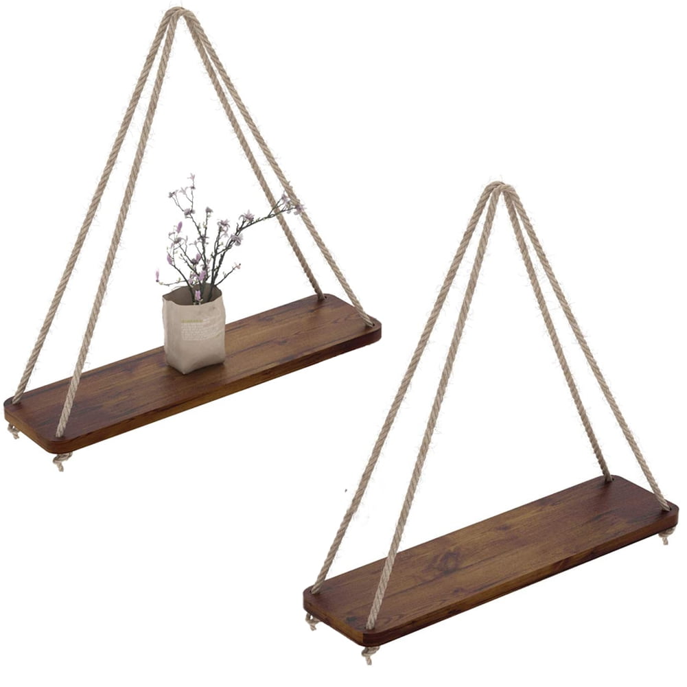 Wood Wall Hanging Shelf, Wood Floating Shelves, Hanging Swing Rope ...