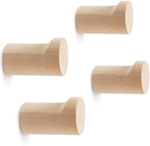 Wood Wall Hooks, 4 Pack Natural Wooden Coat Hooks Wall Mounted, Rustic ...