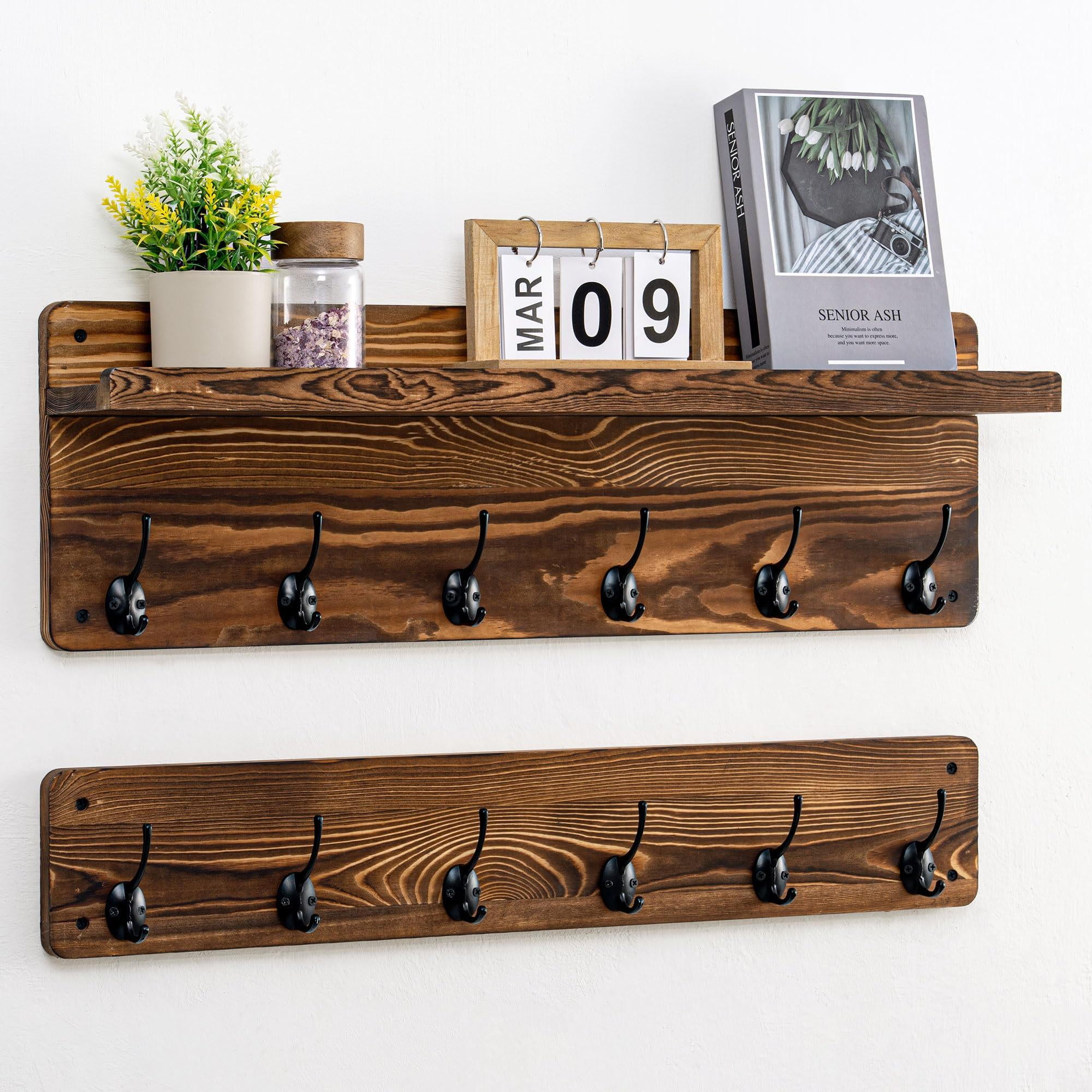 Wood Wall Mounted Coat Rack with Shelf, Hallway Shelf with 12 Coat ...
