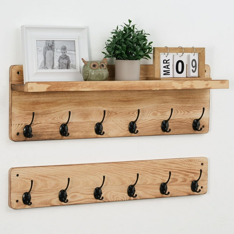 Wood Wall Mounted Coat Rack with Shelf Hallway Shelf with 12 Coat Hooks Light Brown