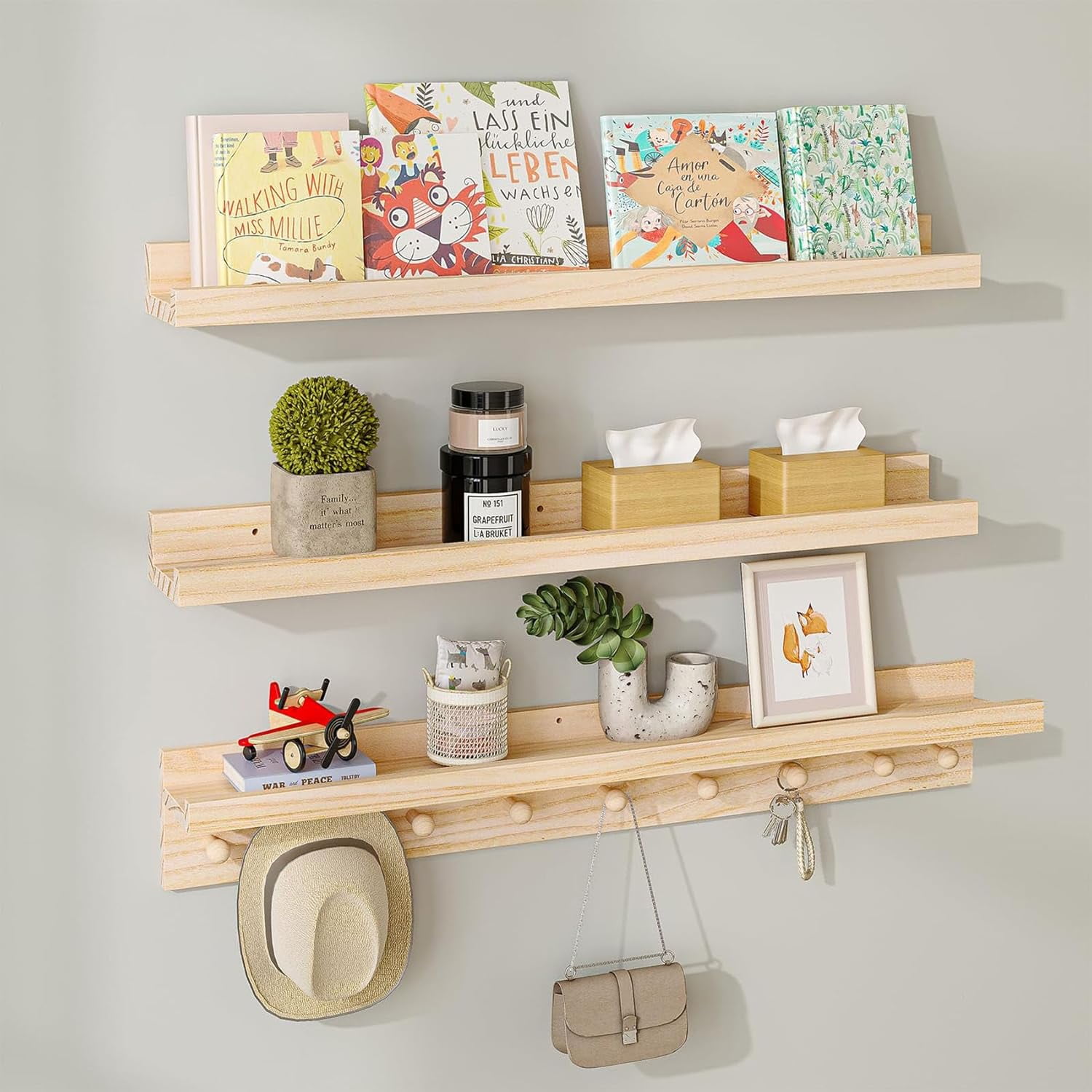 Wood Wall Shelf With Hooks Floating Shelves for Wall Bathroom Shelves ...