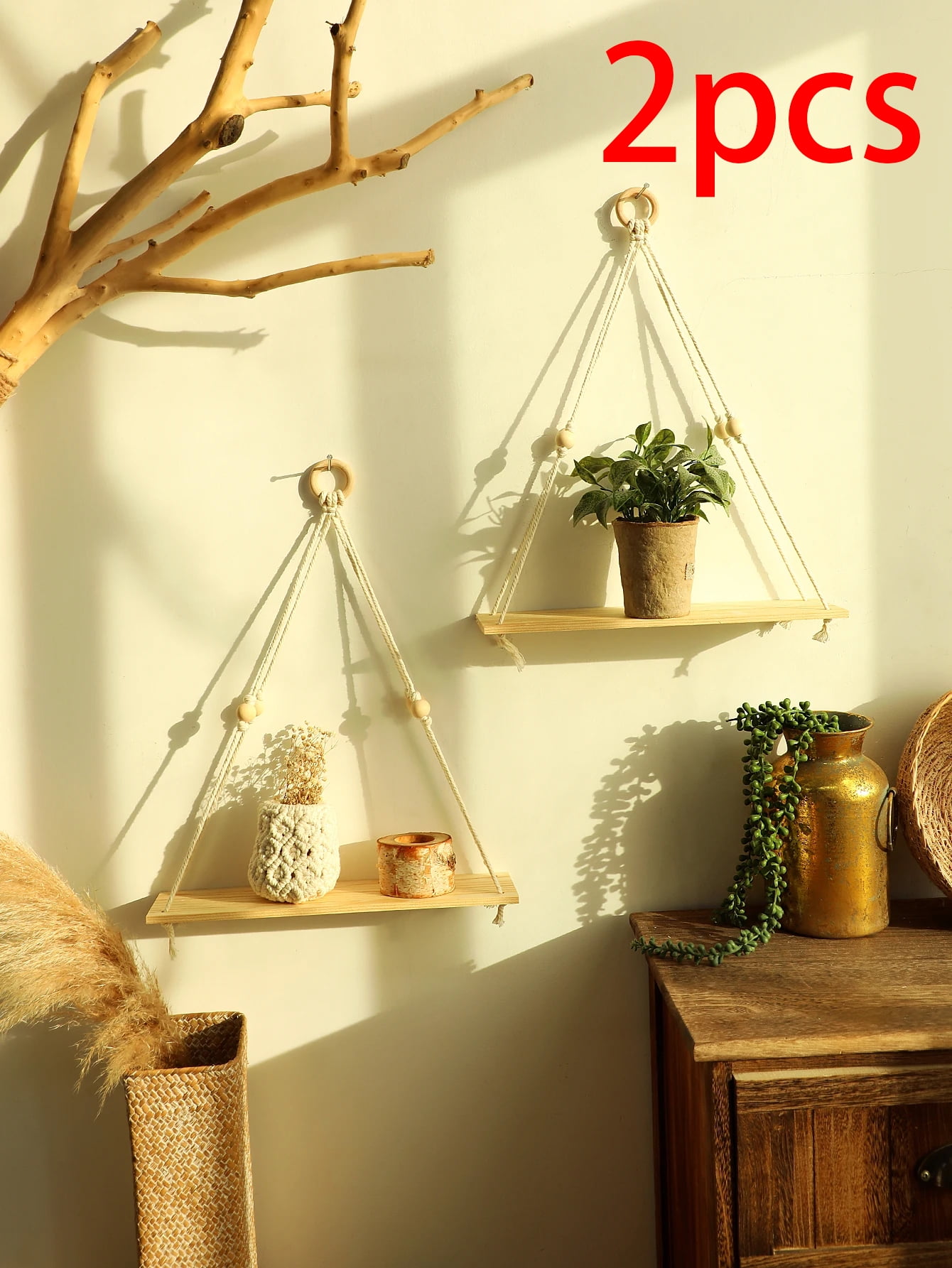 Wood Wall Shelf Macrame Floating Wall Shelf Hanging Shelves Plant ...