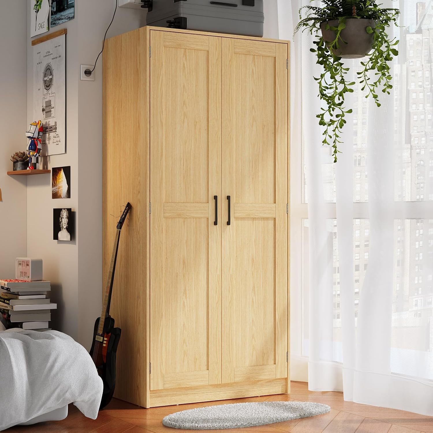 Wood Wardrobe Closet with 2 Doors，Bedroom Freestanding Armoire Storage ...
