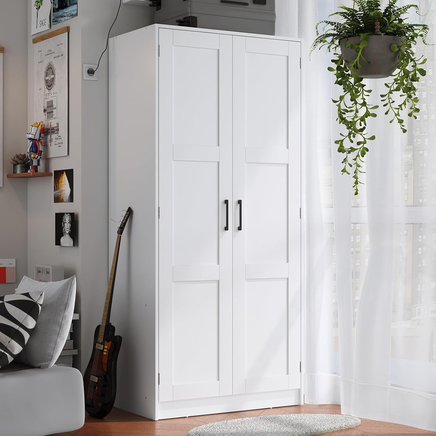 Wood White Wardrobe Closet with 2 Doors and 2 Drawers，Bedroom ...