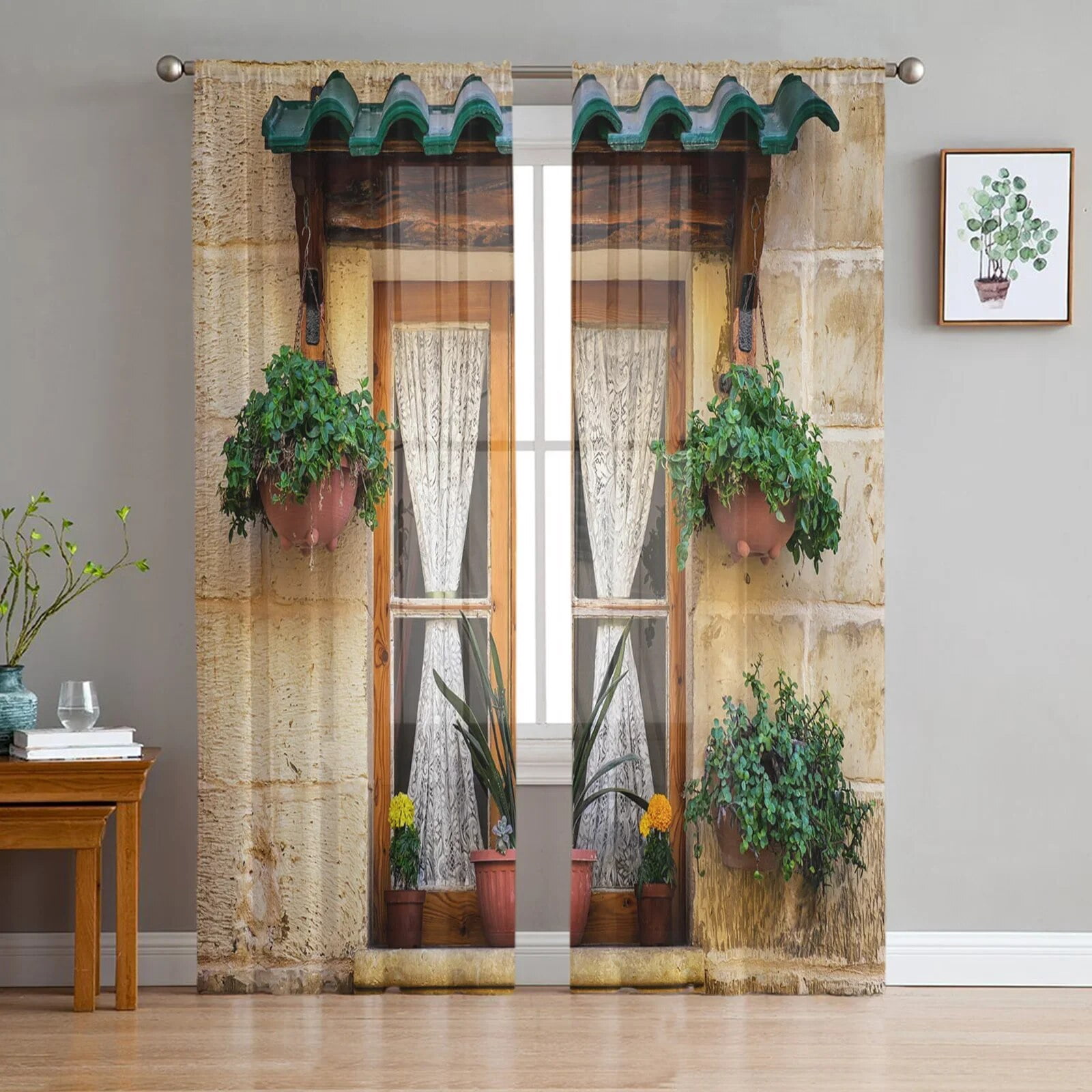 Wood Windows Tile Brick Flower Pot Tulle Sheer Window Curtains for ...
