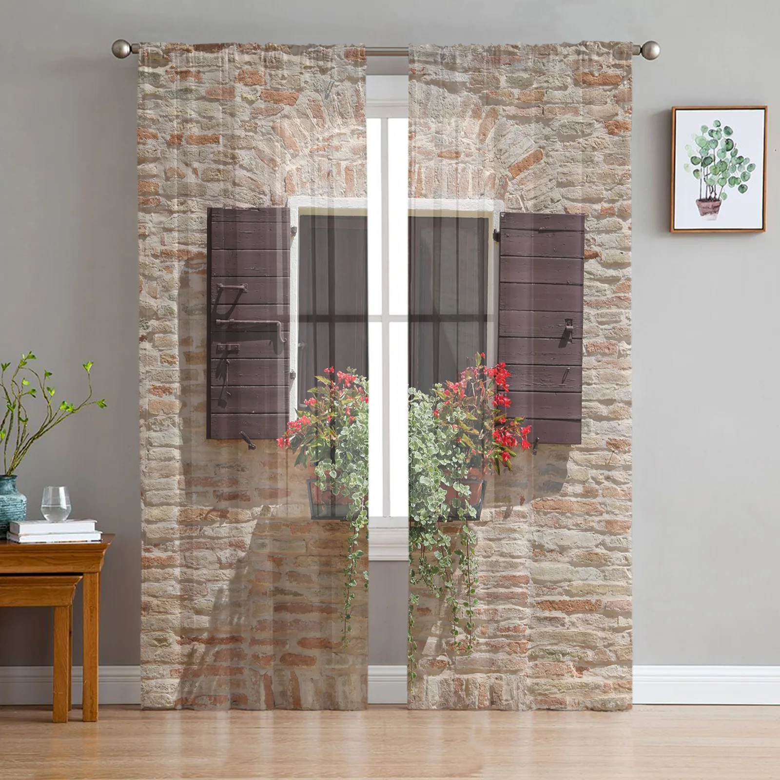 Wood Windows Tile Brick Flower Pot Tulle Sheer Window Curtains for ...