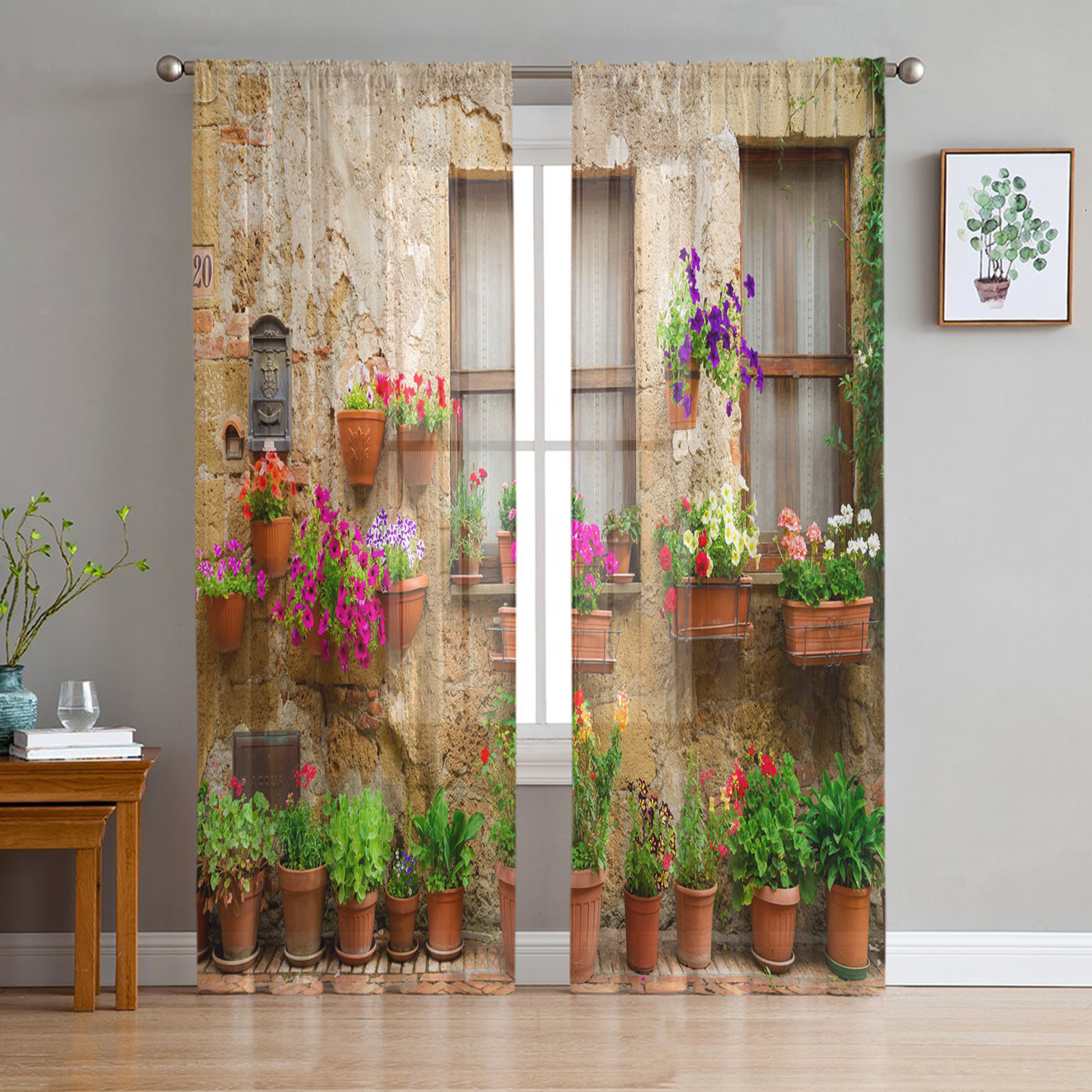 Wood Windows Tile Brick Flower Pot Tulle Sheer Window Curtains for ...
