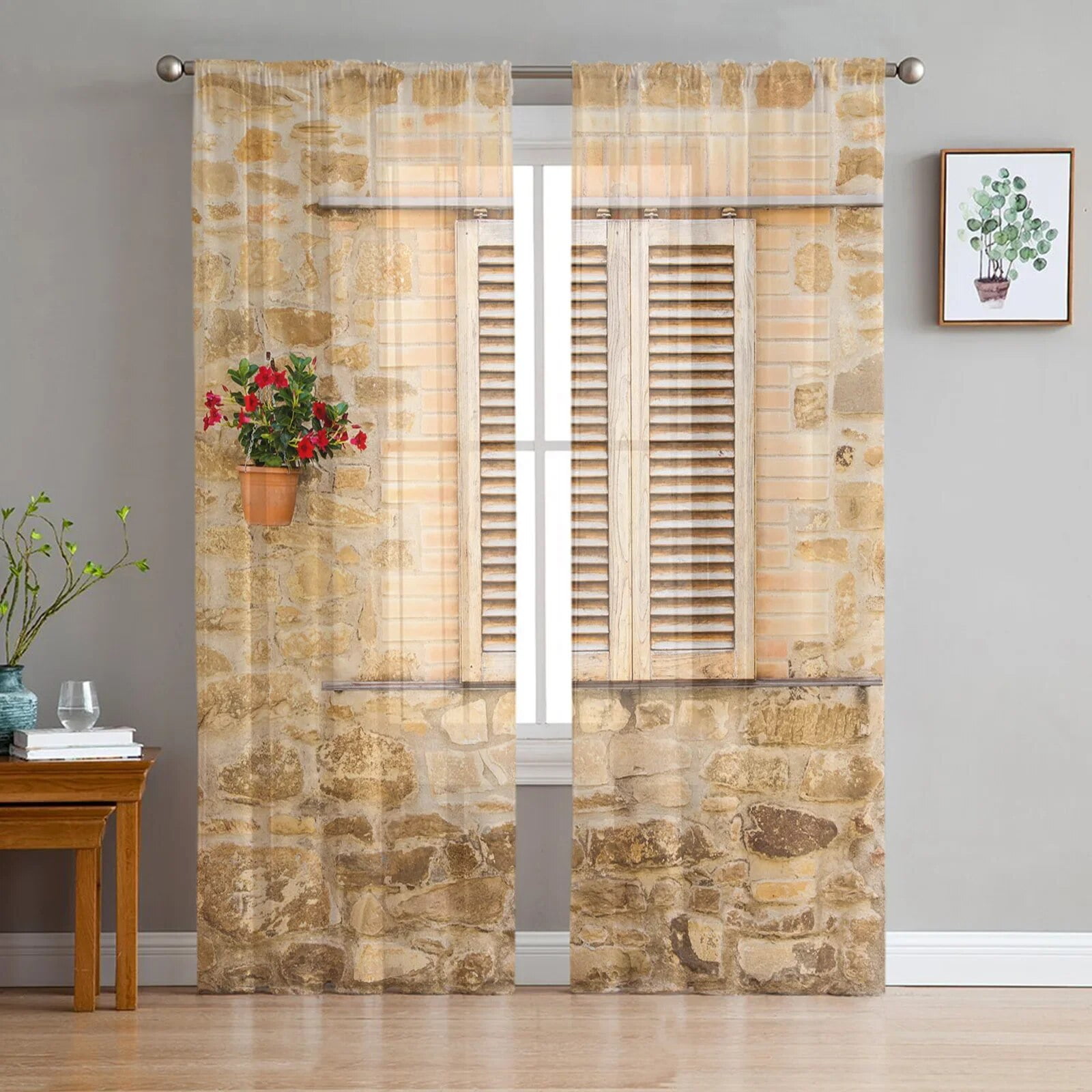 Wood Windows Tile Brick Flower Pot Tulle Sheer Window Curtains for ...