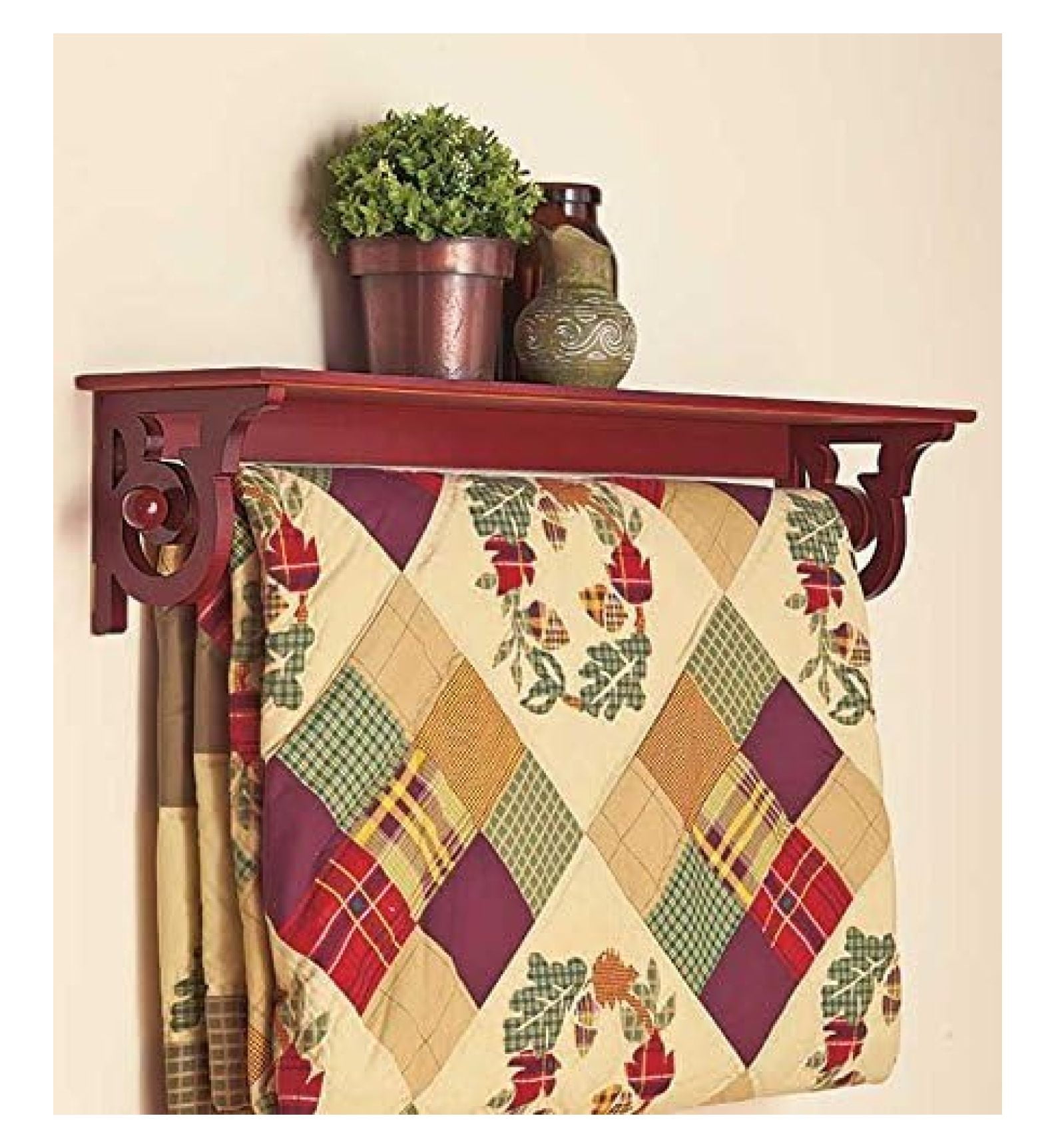 Wood Wooden Quilt Rack Wall Mount 1 tier Shelf Scroll Walnut Finish ...