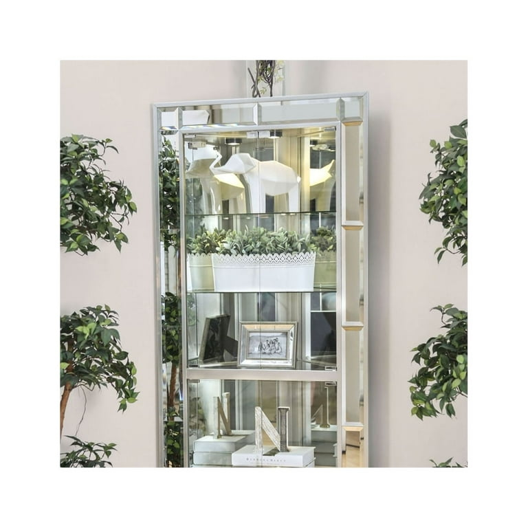 Benjara Wood and Glass Corner Curio Cabinet with Five Shelves Silver