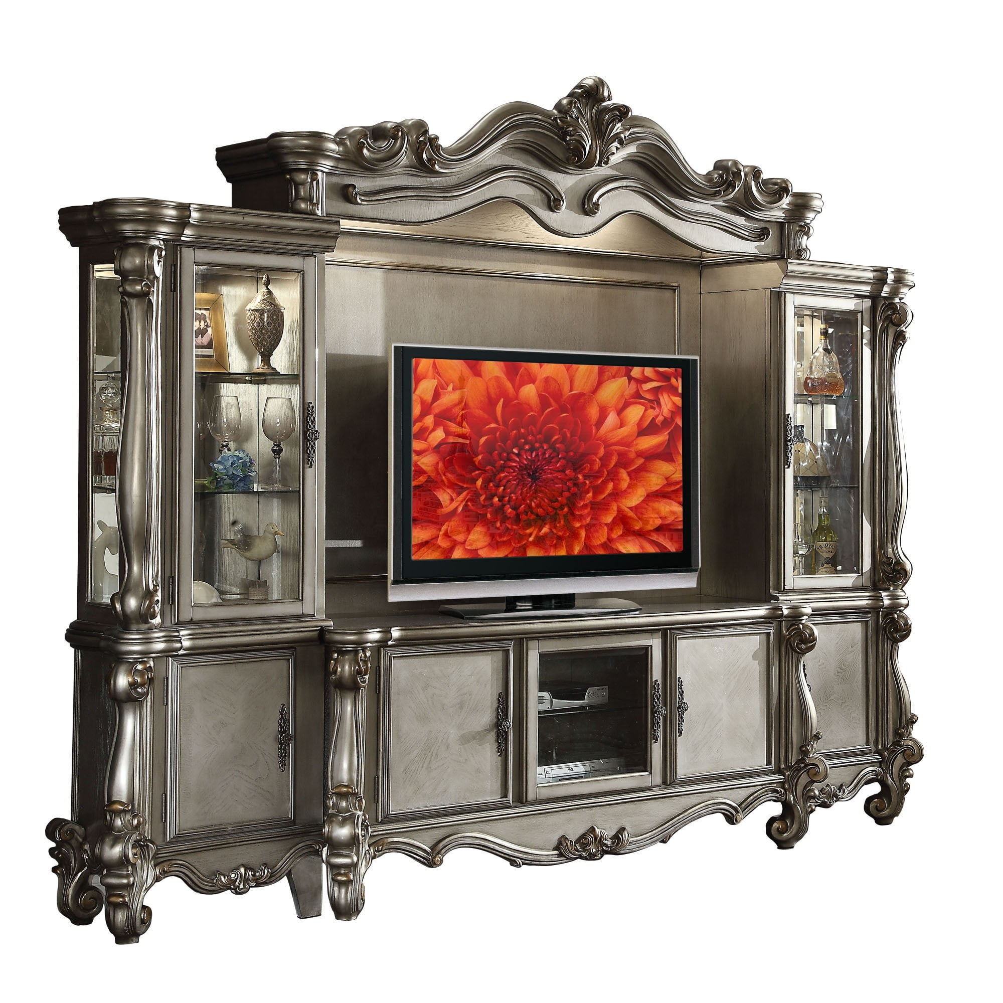 Wood and Glass Entertainment Center with Scrollwork Details, Silver ...