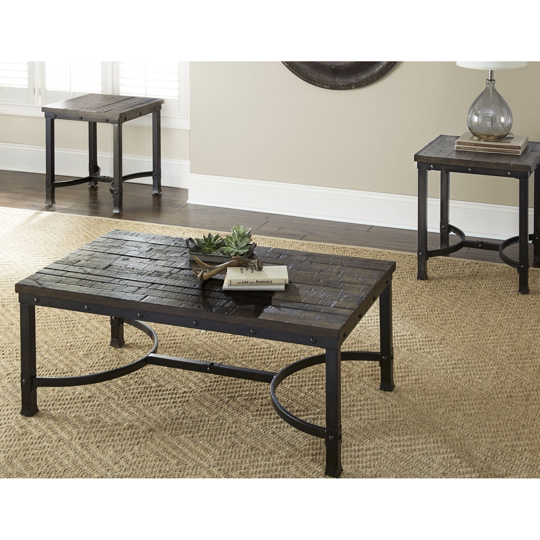 Wood and Iron Table Set / Living Room Accent / Checkerboard Surface ...