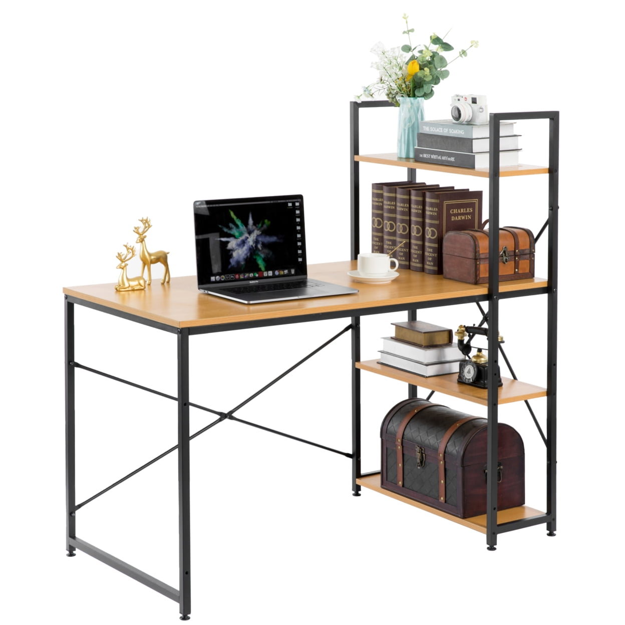 Wood and Metal Industrial Home Office Computer Desk with Bookshelves ...