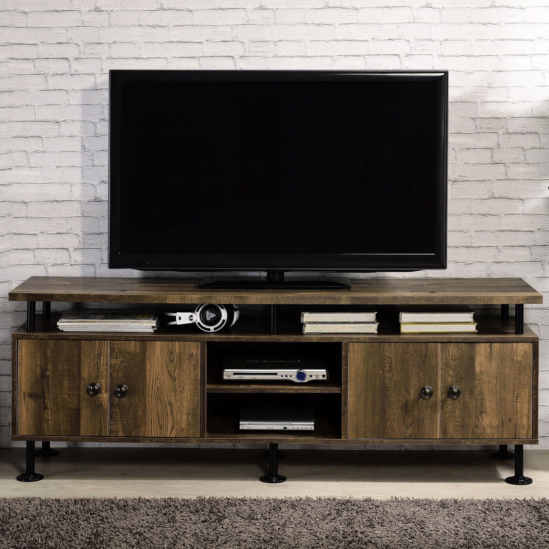 Wood and Metal TV Furniture - Four Doors for Hidden Storage - 60 - Inch ...