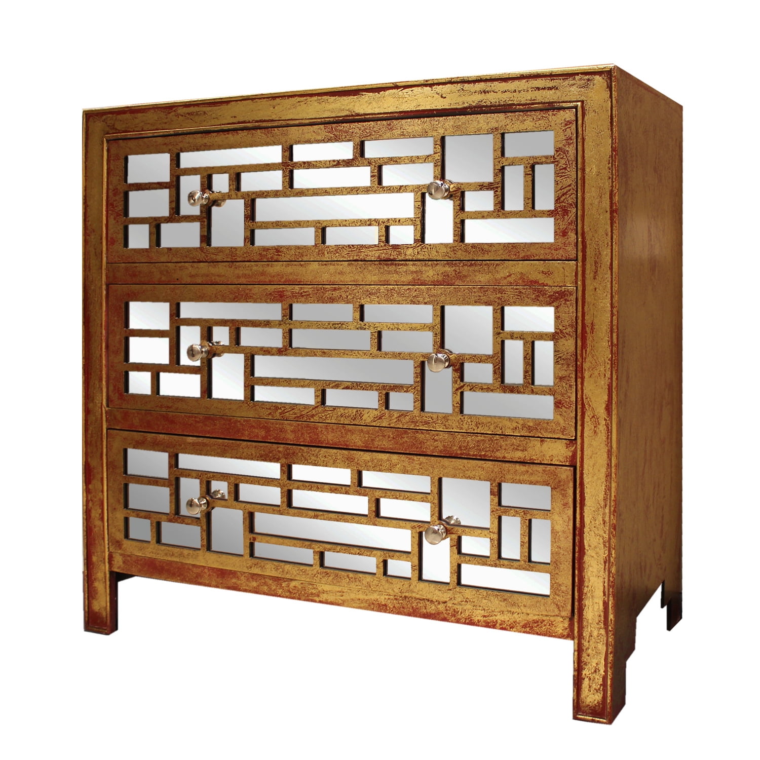 Wood and Mirror Trim Storage Cabinet with 3 Drawers, Gold and Silver ...